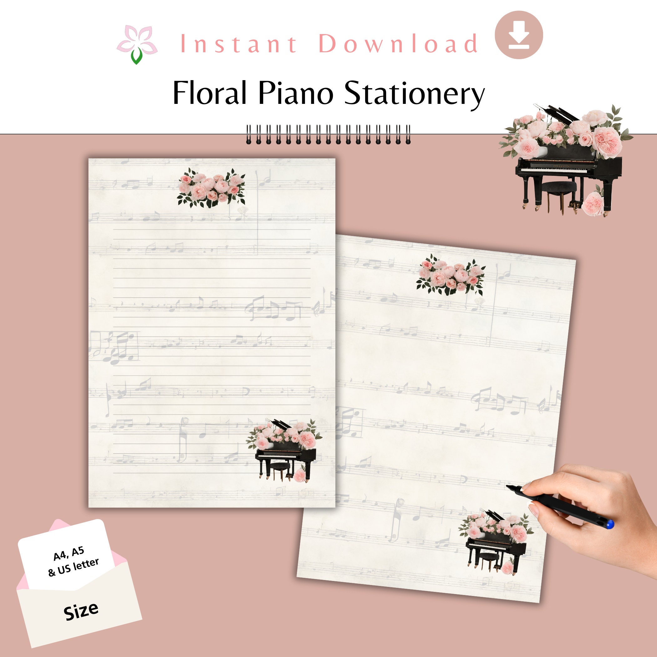 Piano Letter Writing Paper Shabby Chic Floral Stationery Lined - Etsy