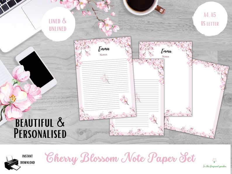 Cherry Blossom Flower Sakura Printable Floral Notes Page Lined Note Pen ...