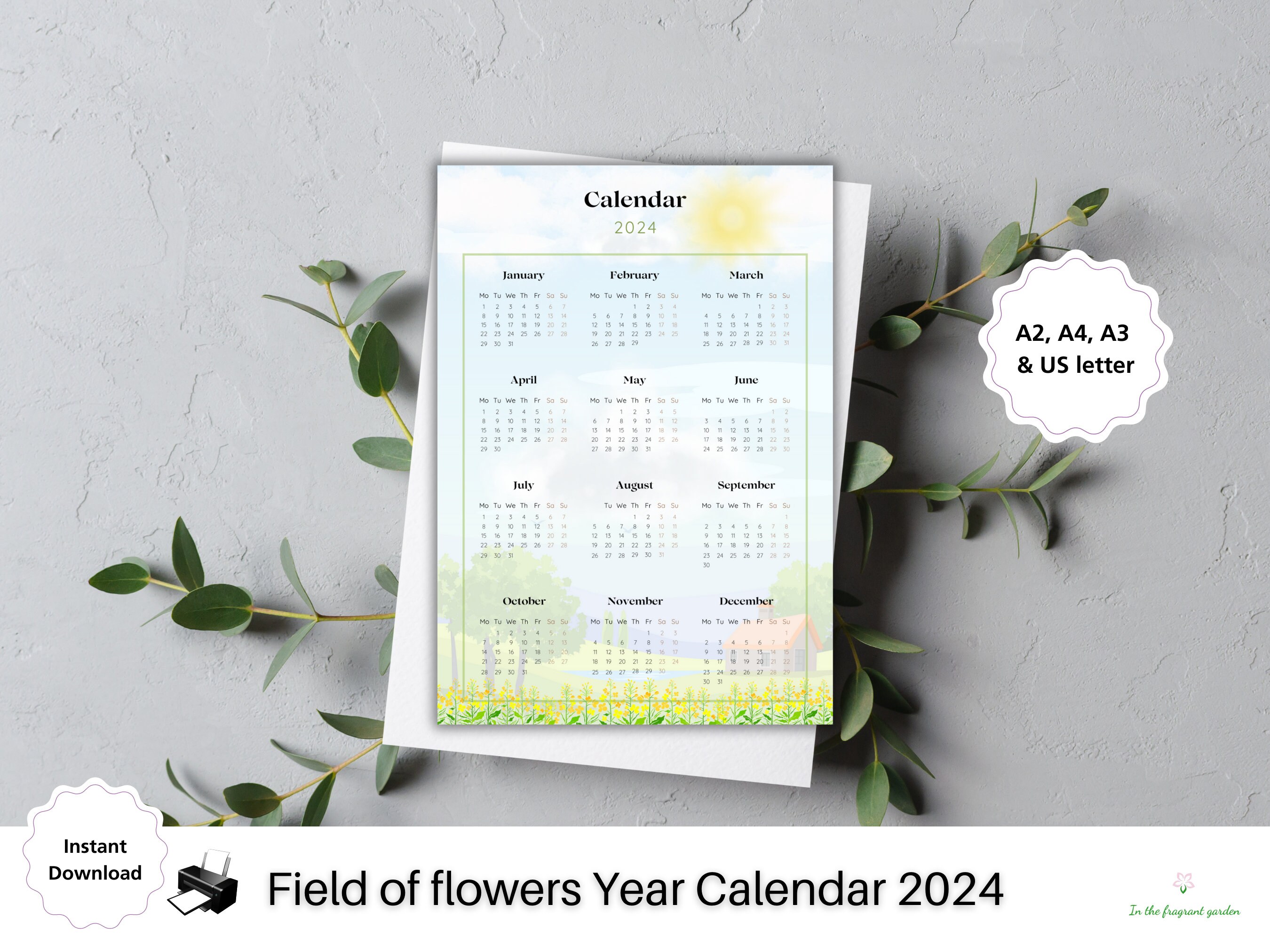 2024 Year at a Glance Calendar Month Schedule Printable Overview Wall ...