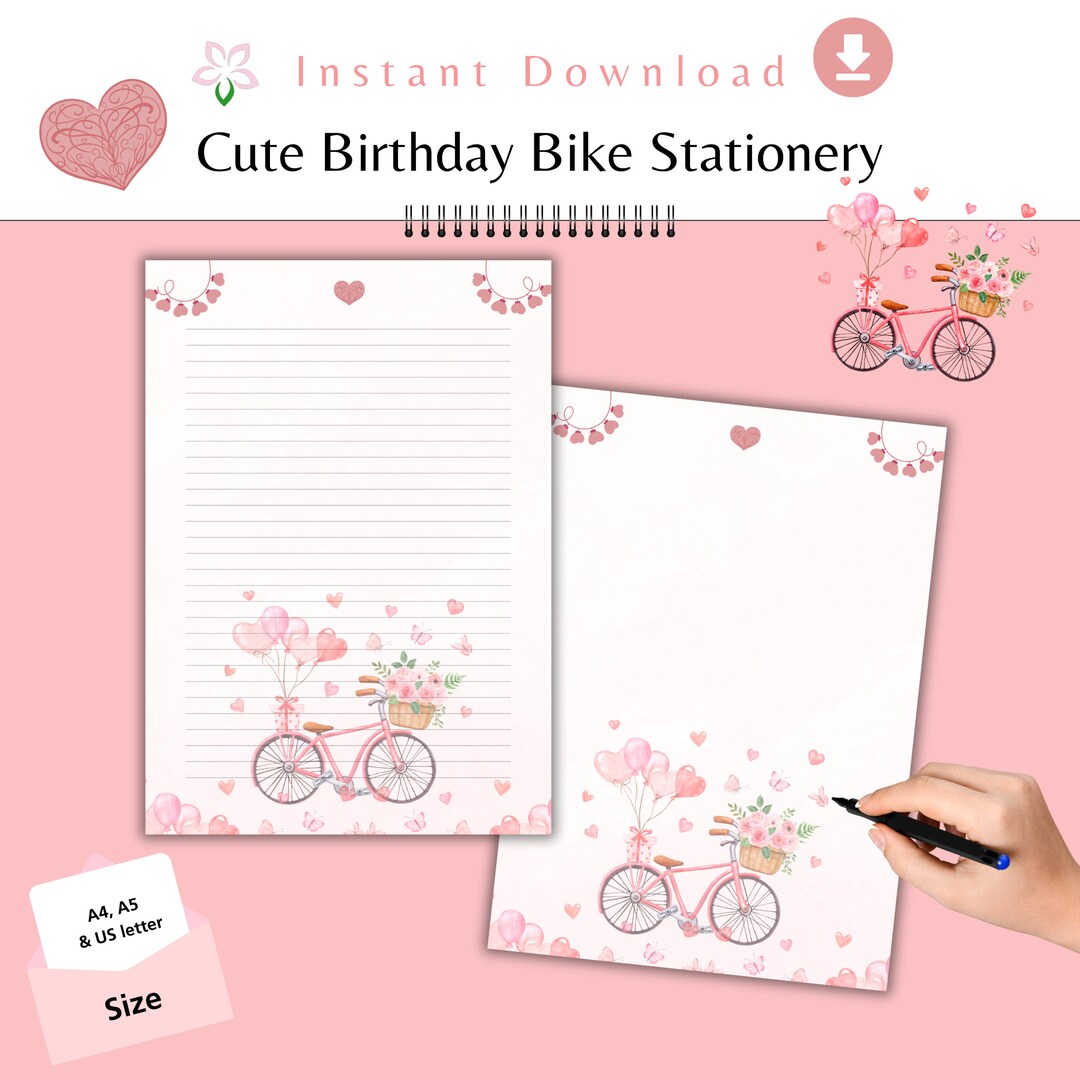Happy Birthday Bike Letter Writing Paper Set | Pink Floral Stationery ...