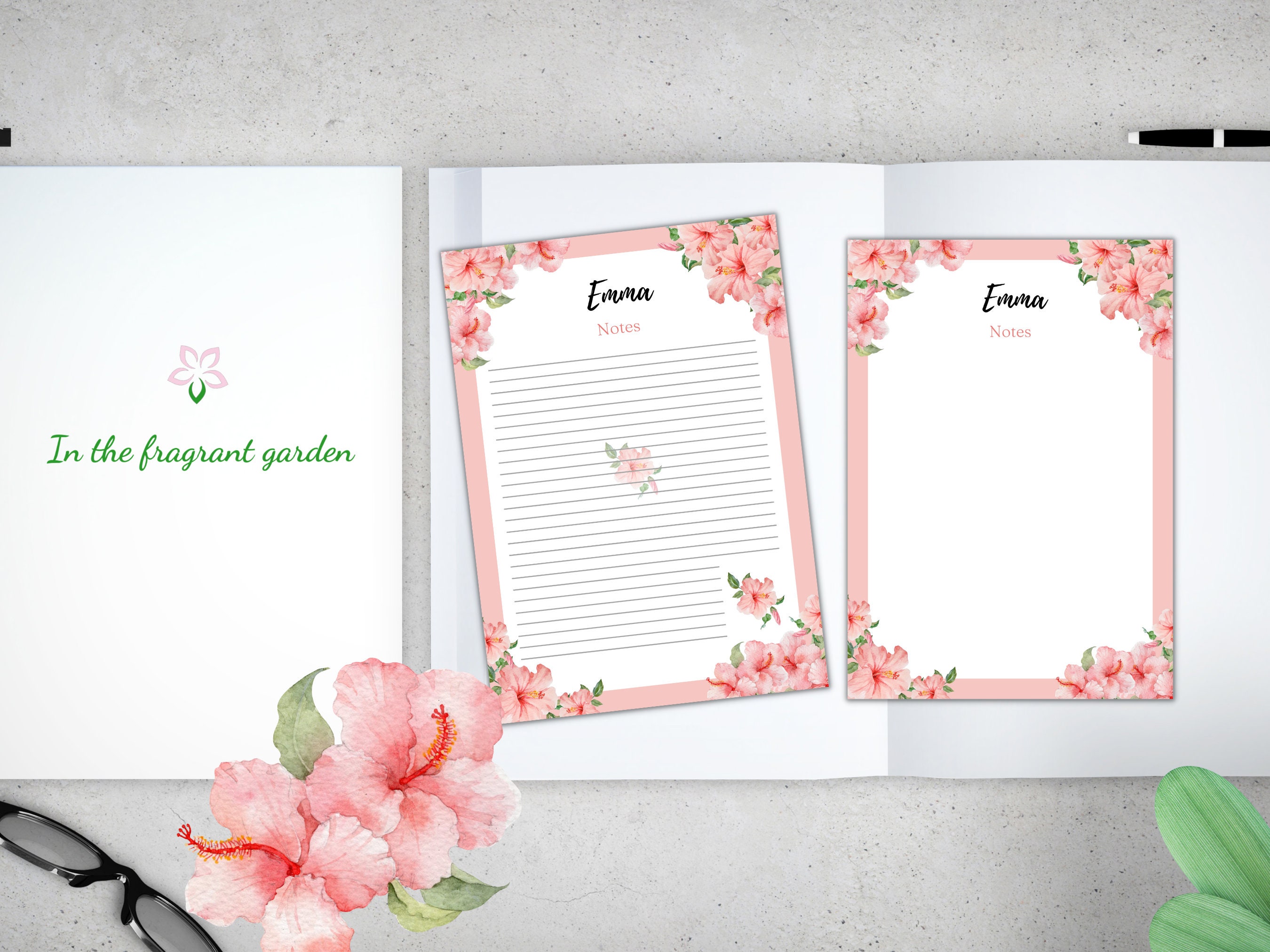 Personalised Floral Hibiscus Notes Page Printable Lined Note Template ...