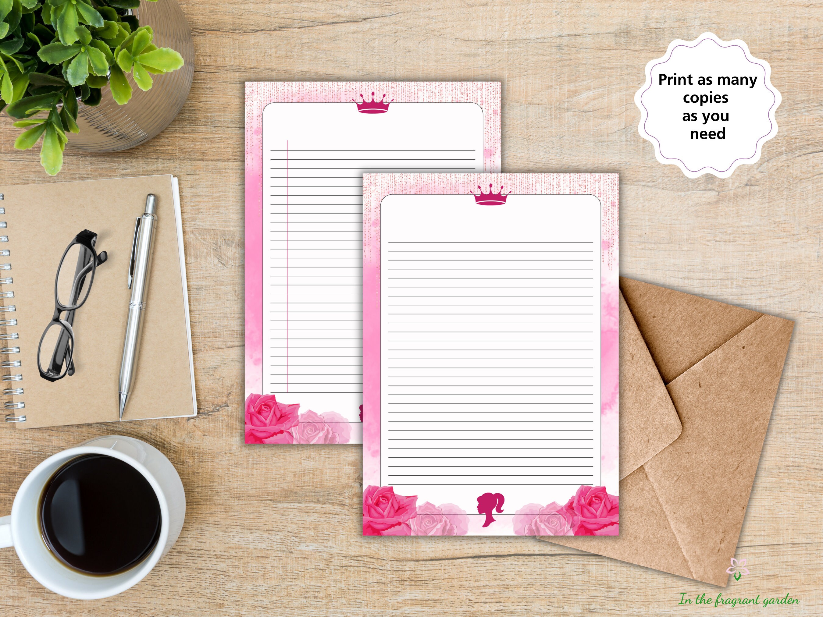 Girl Princess Stationery Gift Lined Paper Pink Printable Letter Office ...