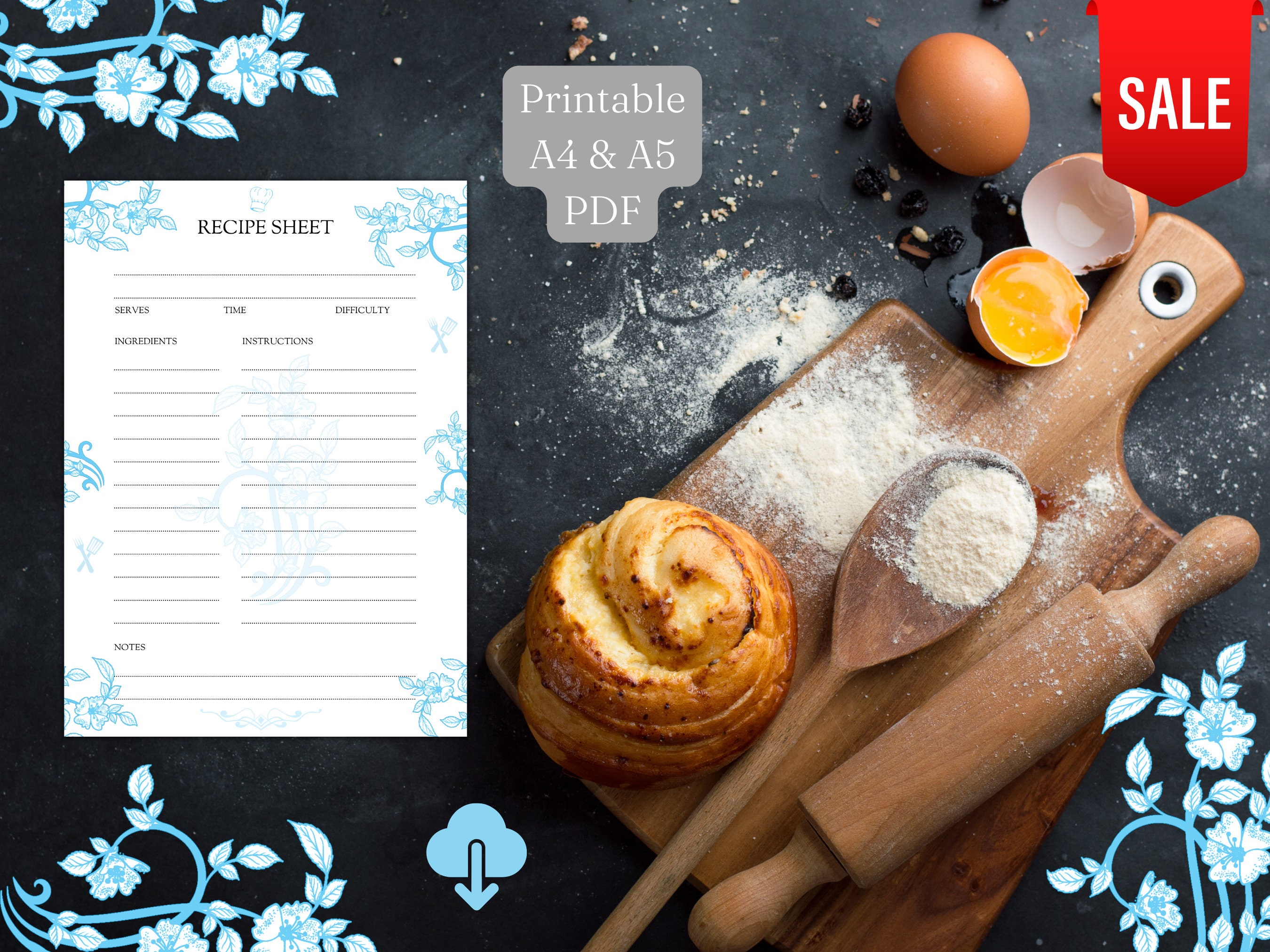 Recipes Page Sheets Memo Template Blank Card Baking Cooking A4A5 Floral ...