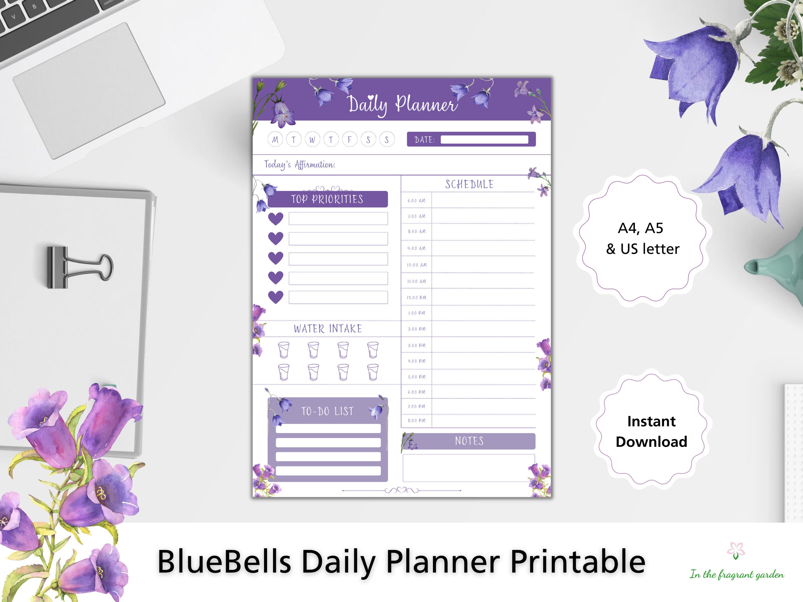 Floral Planner Printable Pomodoro Daily Task Bluebells Botanical Garden ...