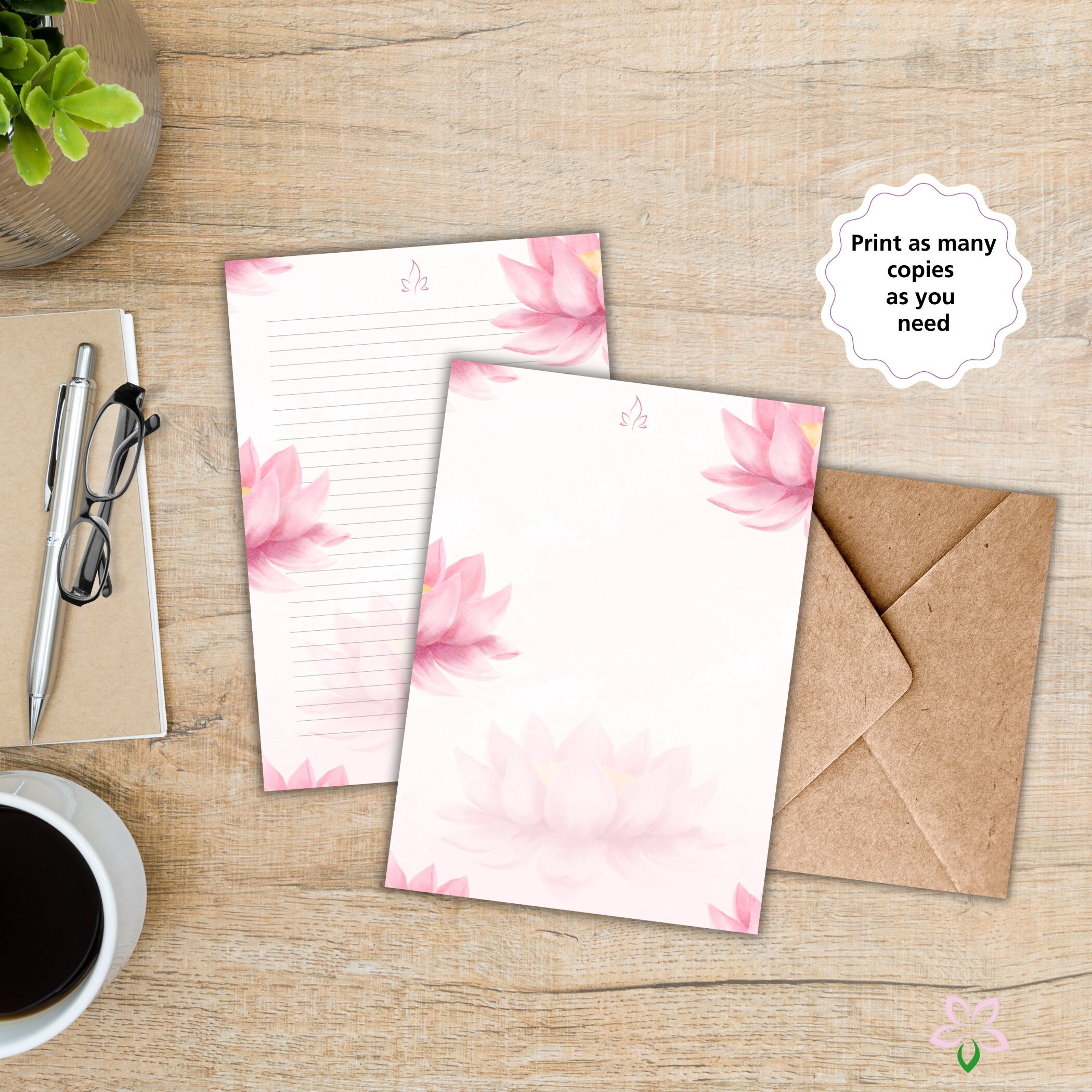Printable Floral Stationery Pink Lotus Flower Letter Lined Paper ...