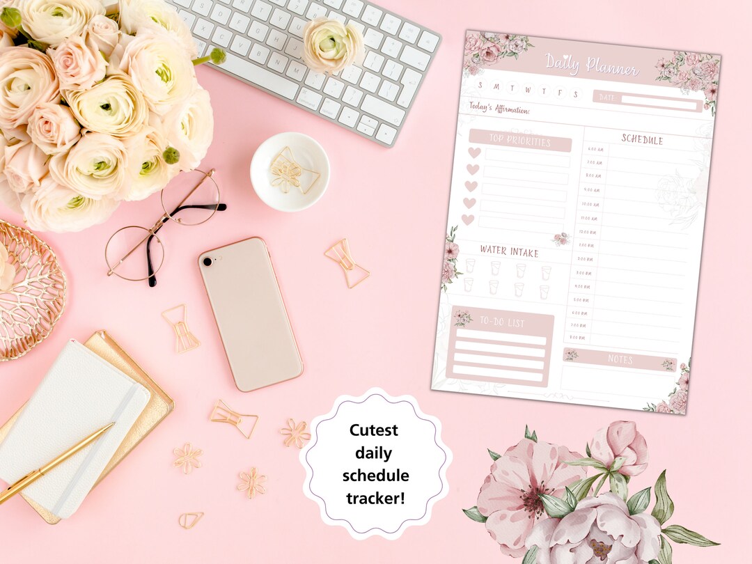 Pink Peony Daily Planner Printable, Hourly Schedule (digital Download ...