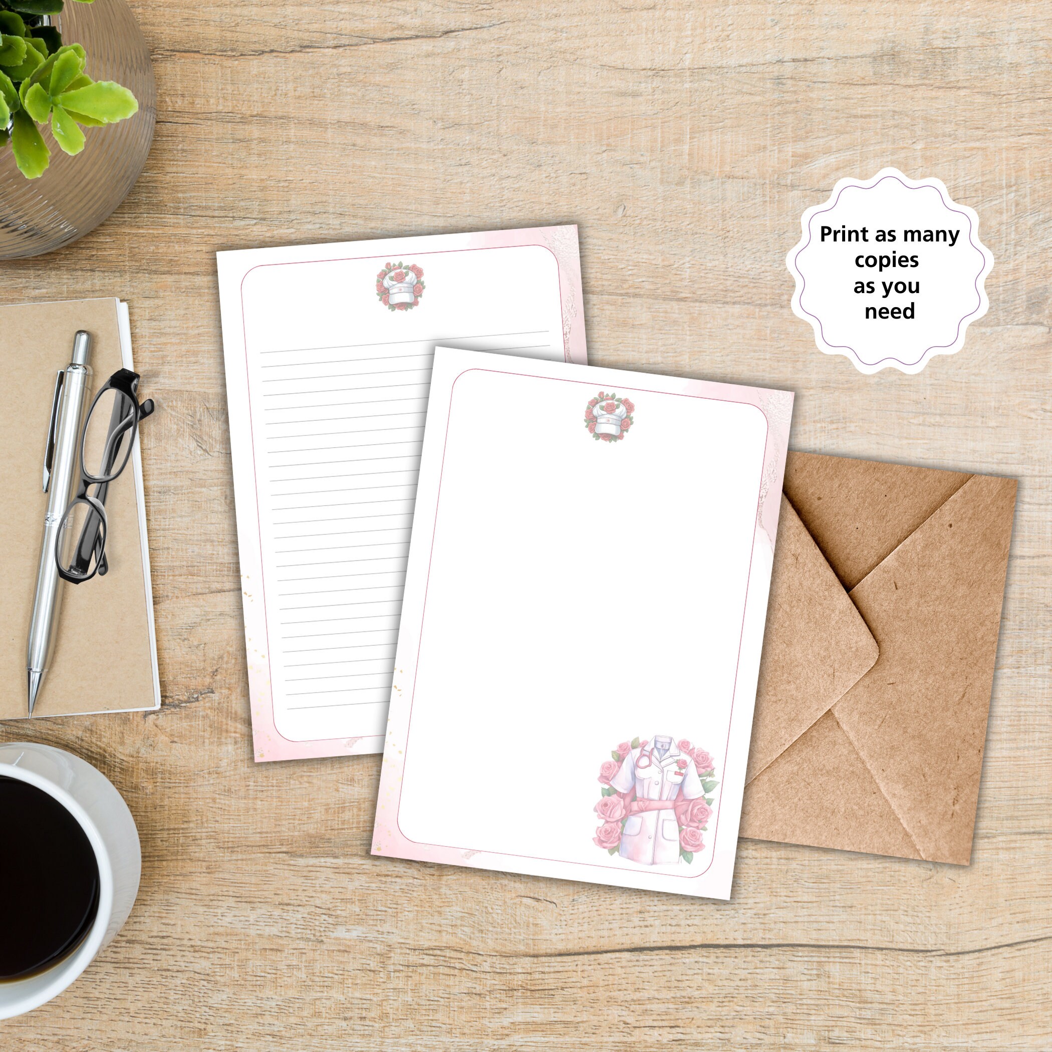 Nurse Uniform Letter Writing Paper Cute Floral Stationery Lined Paper ...