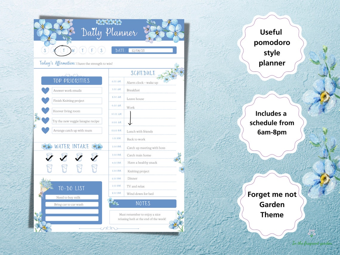 Forget Me Not Printable Floral Notes Pomodoro Cute Planner Daily Task ...