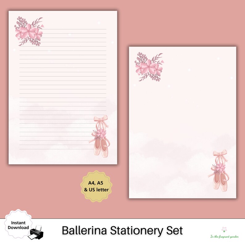 Pink Ballerina Shoes Stationery Cute Lined Paper Floral Ballet Pink ...