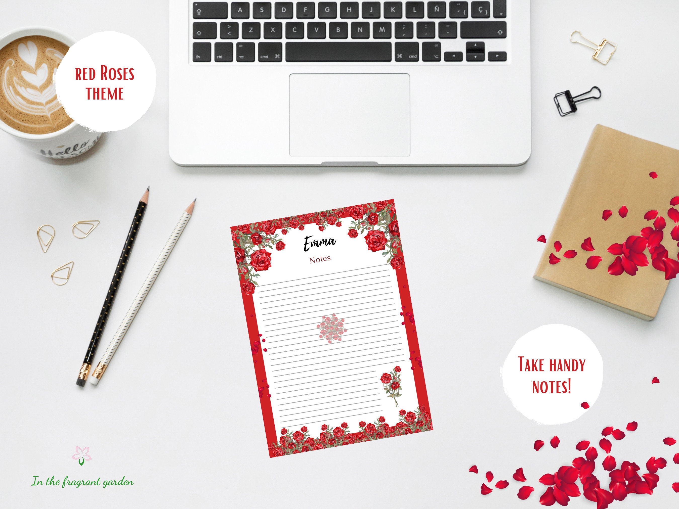 Red Roses Notes Page Printable Lined Snail Mail Pen Pals Note Taking ...
