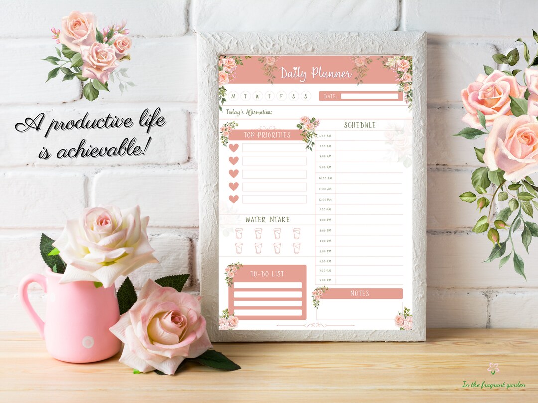 Rose Digital Daily Planner Printable Hourly Work Day Schedule Undated ...