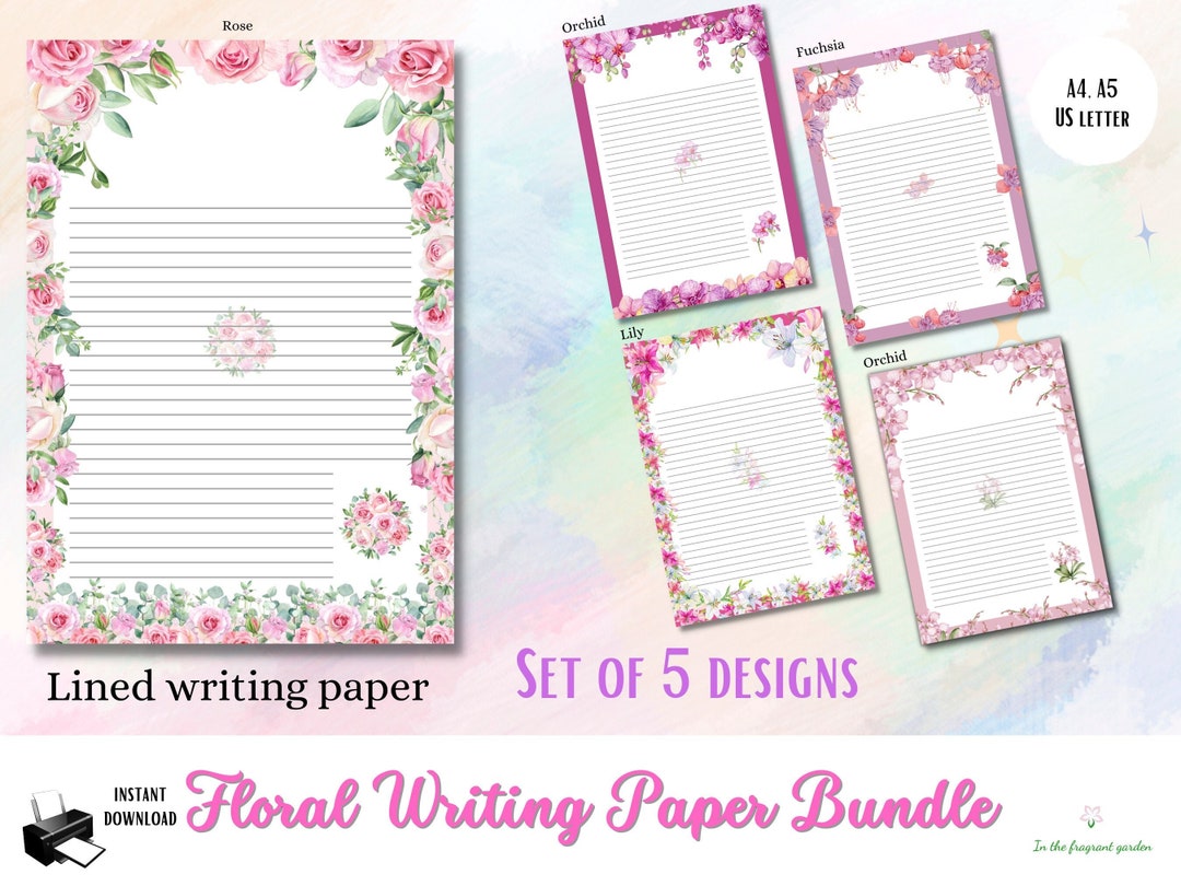 Floral Letter Writing Paper X5 Notes Printable Lined Writing Paper ...
