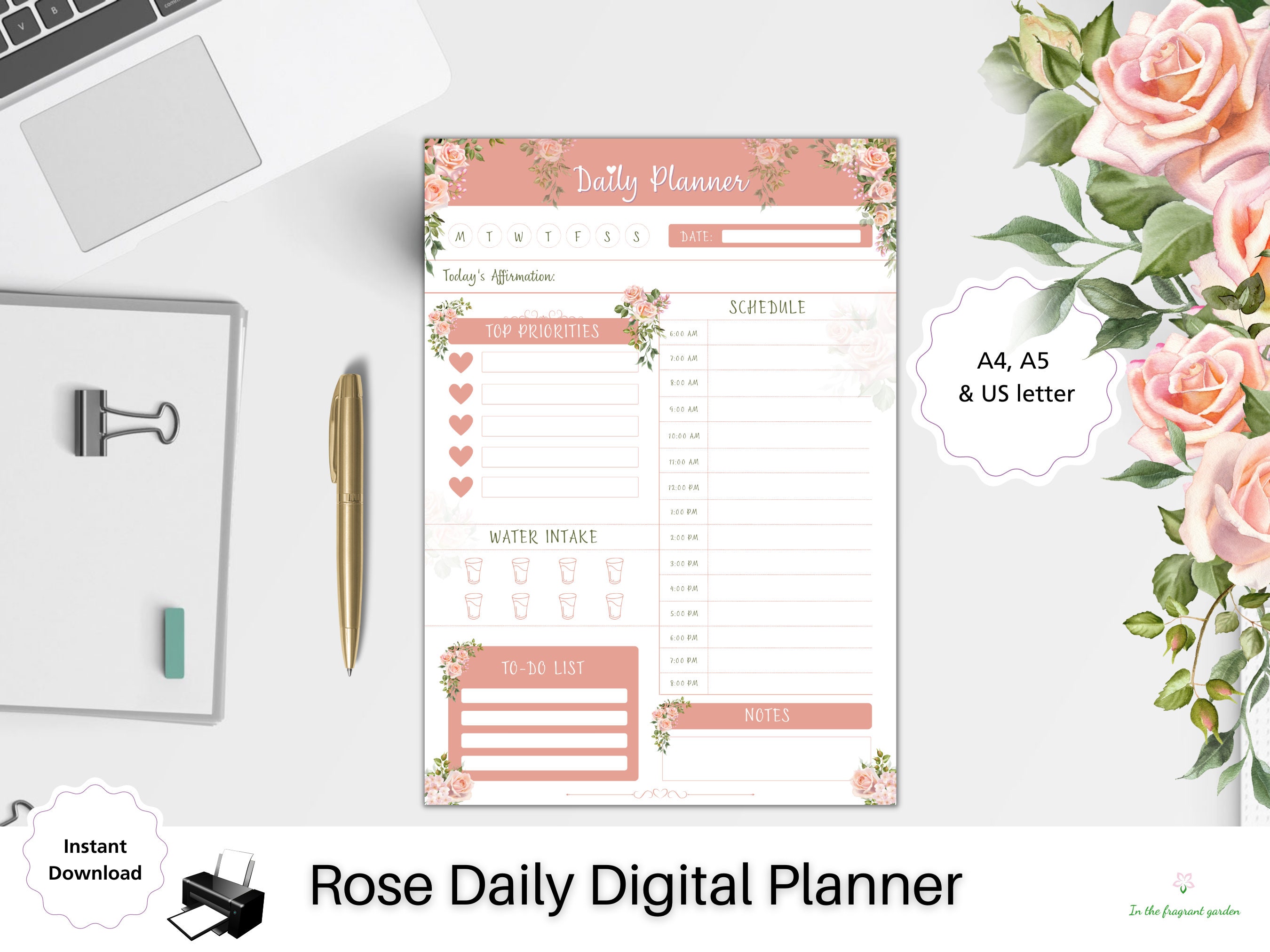 Rose Digital Daily Planner Printable Hourly Work Day Schedule Undated ...