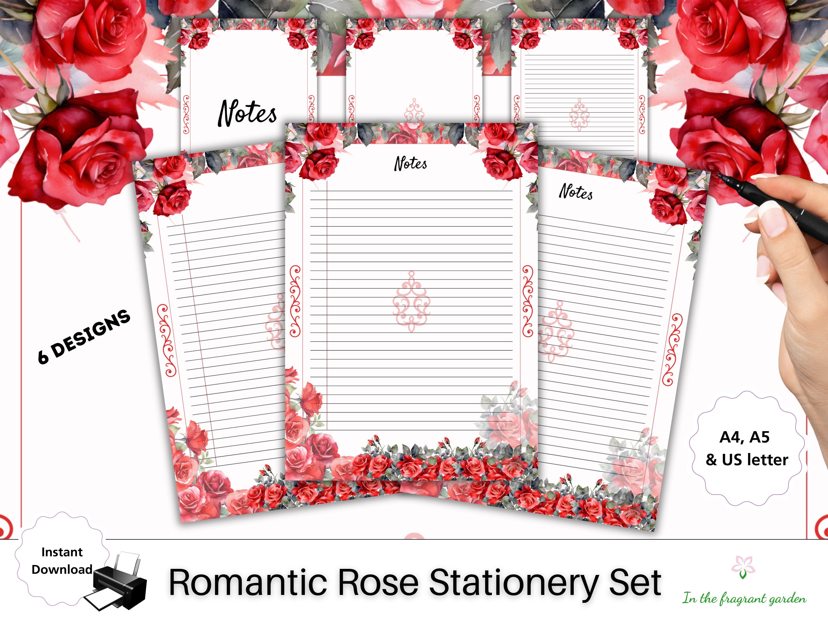 Red Roses Notes Page Printable Lined Snail Mail Pen Pals Note Taking ...