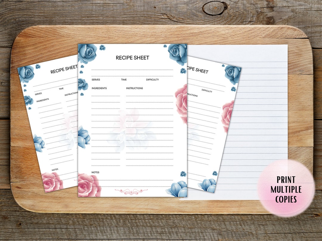 Cooking Meal Dishes Recipe Sheets Floral Printable Template Blank Page ...
