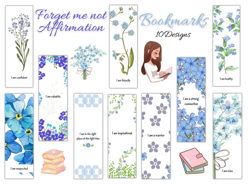Affirmations Book Tracker Bookmarks Forget Me Not Floral Printable ...