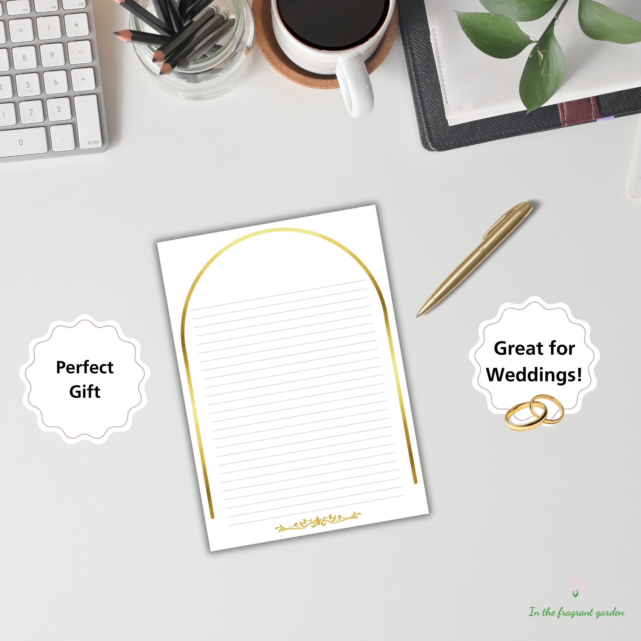 Gold Arch Bridal Marriage Vows Letter Stationery Floral Lined Paper ...
