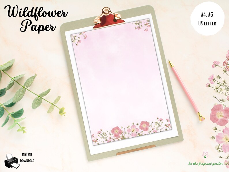 Wildflower Lined Paper Instant Download Flower Border Writing Pad Notes ...