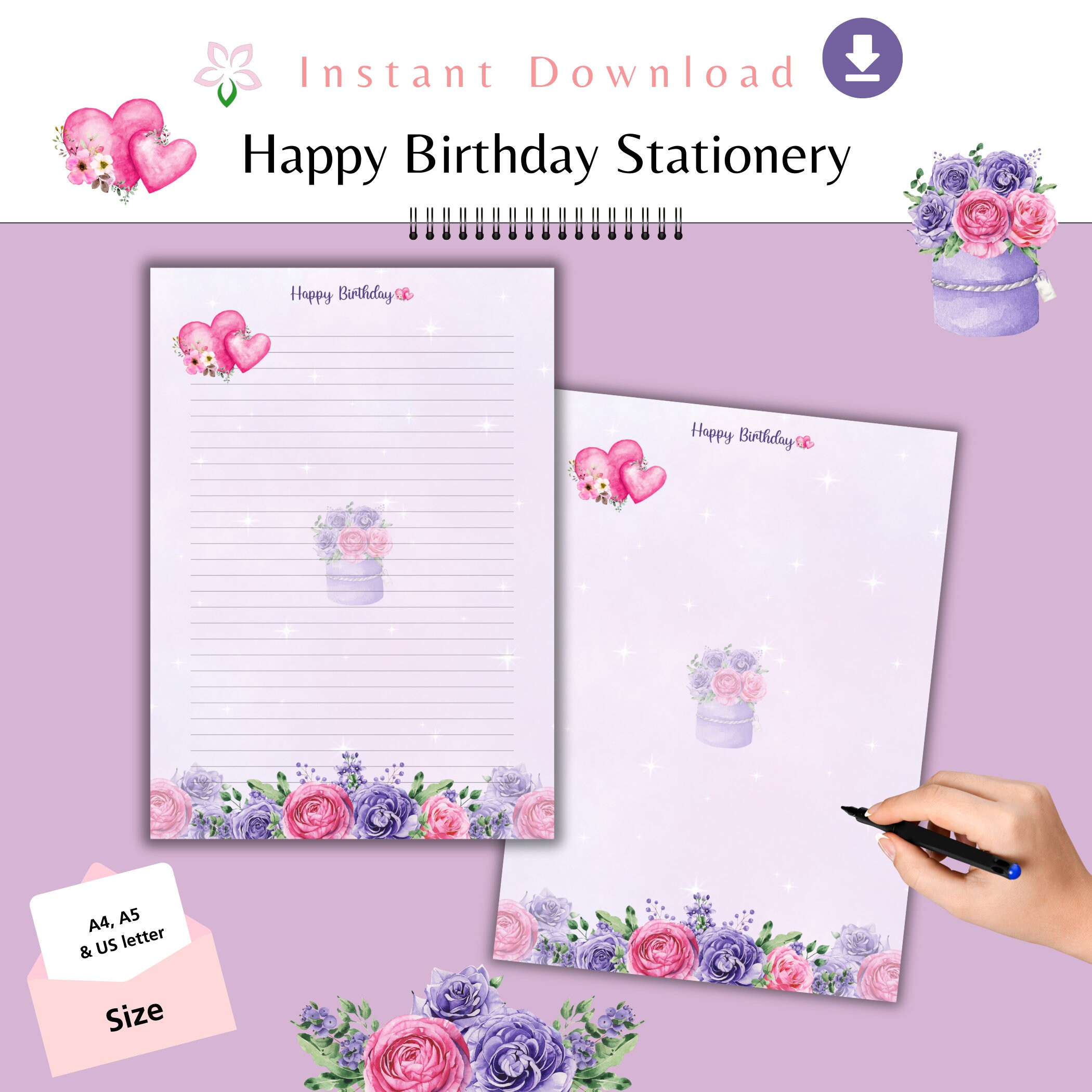Happy Birthday Letter Writing Paper Purple Floral Theme Stationery ...