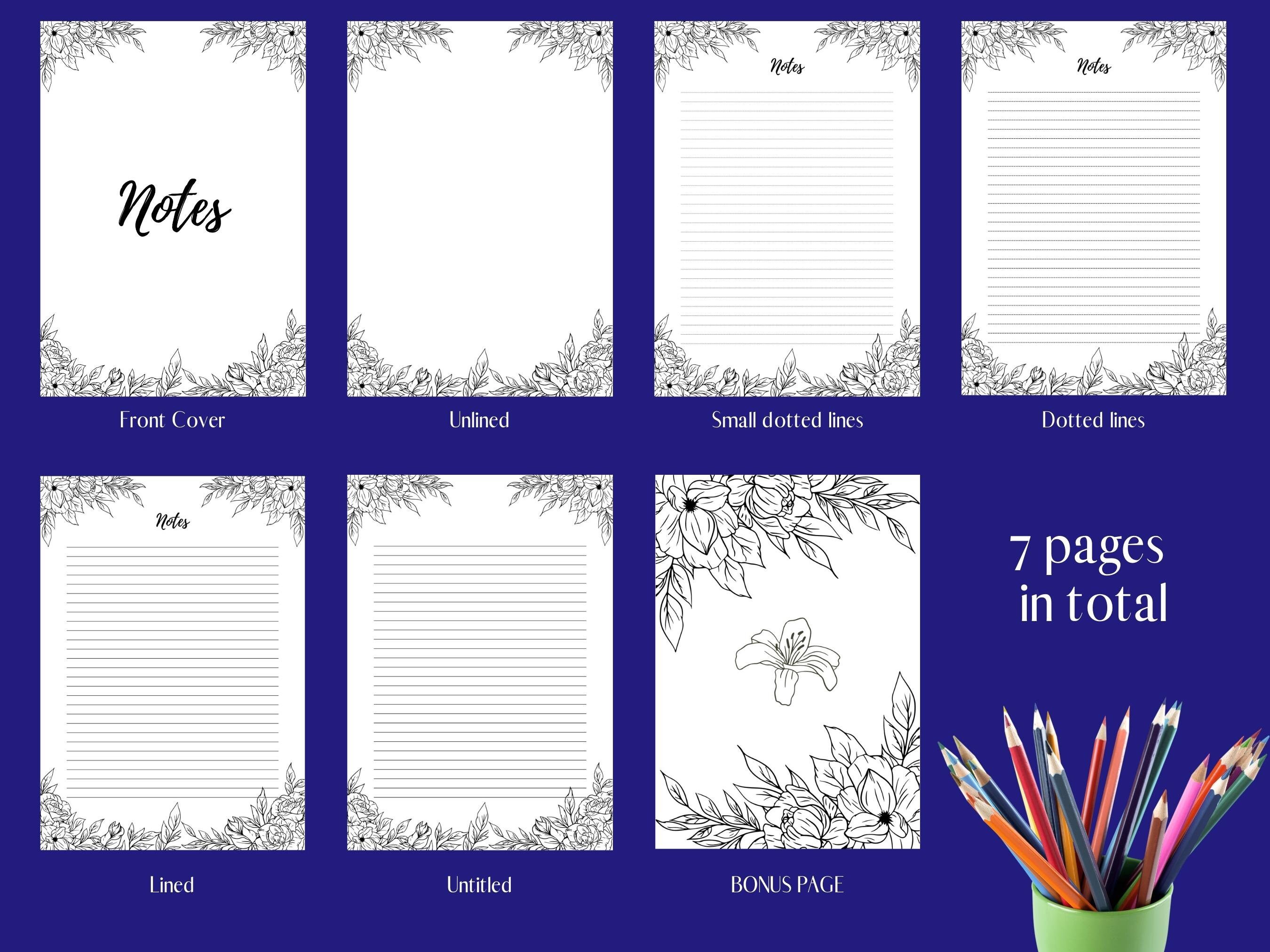 Floral Lined Paper: Coloring Page Notes, Printable Stationery (PDF) - Etsy
