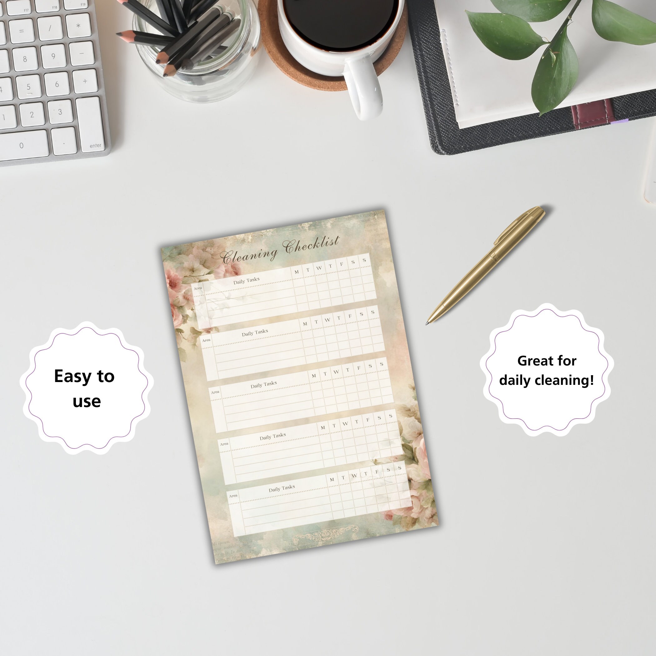 Cleaning Checklist Printable Floral Weekly Daily Task Shabby Chic List ...