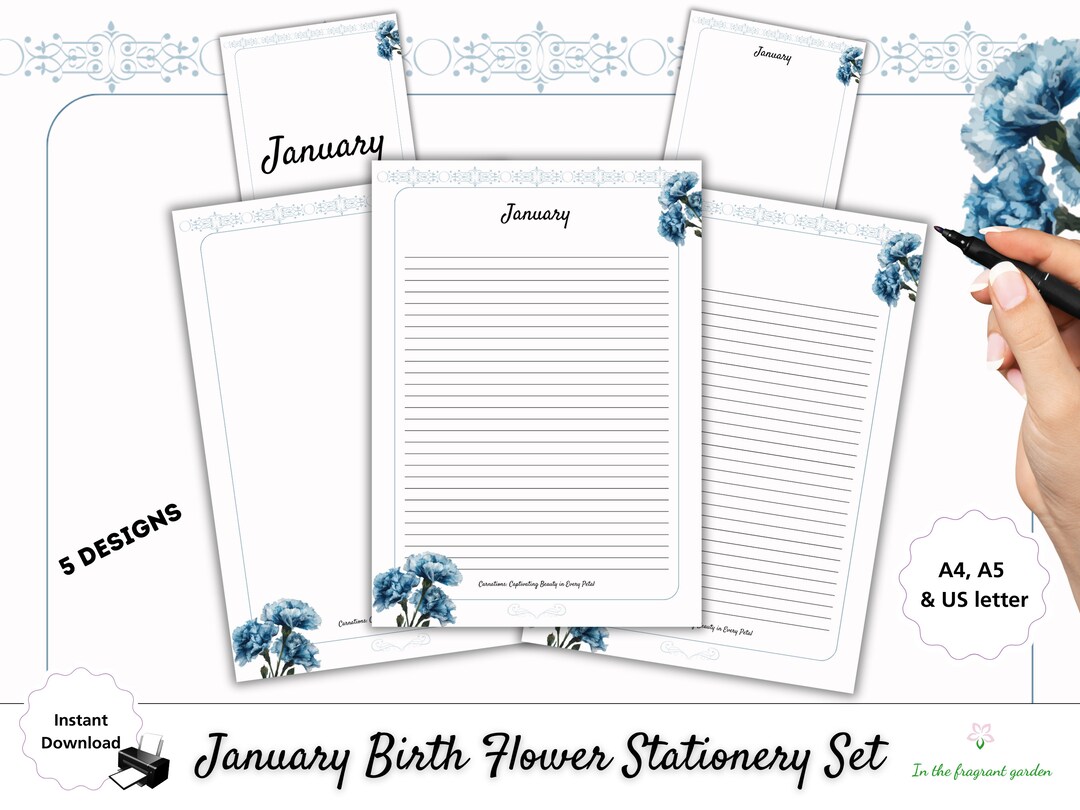 Stationery Birth Month January Blue Carnation Floral Instant Download ...