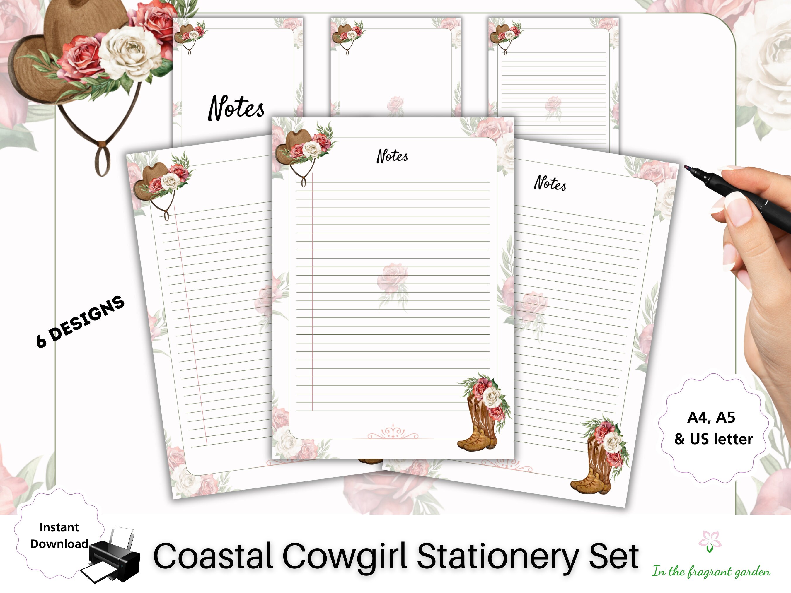 Coastal Cowgirl Letter Writing Stationery Floral Lined Paper Download ...