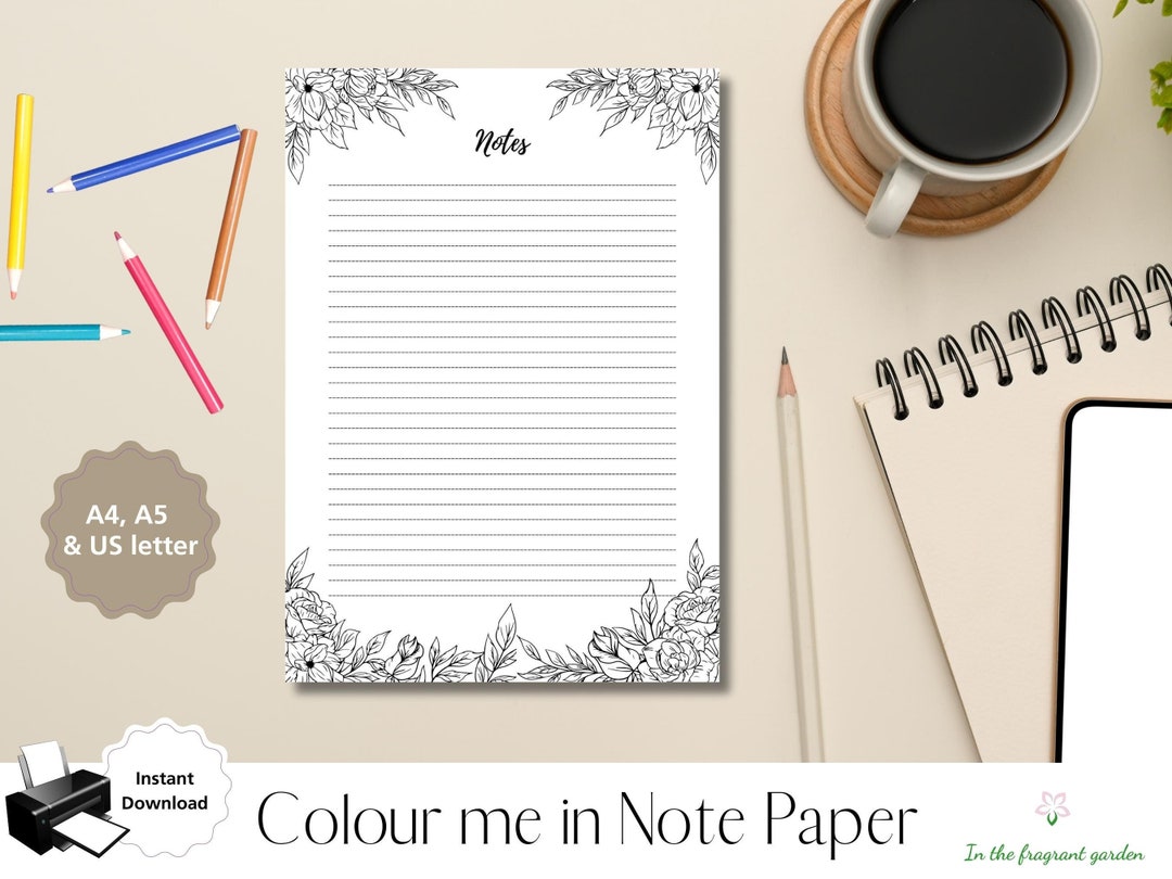 Colouring in Activity Lined Paper Download Note Black and White Flower ...