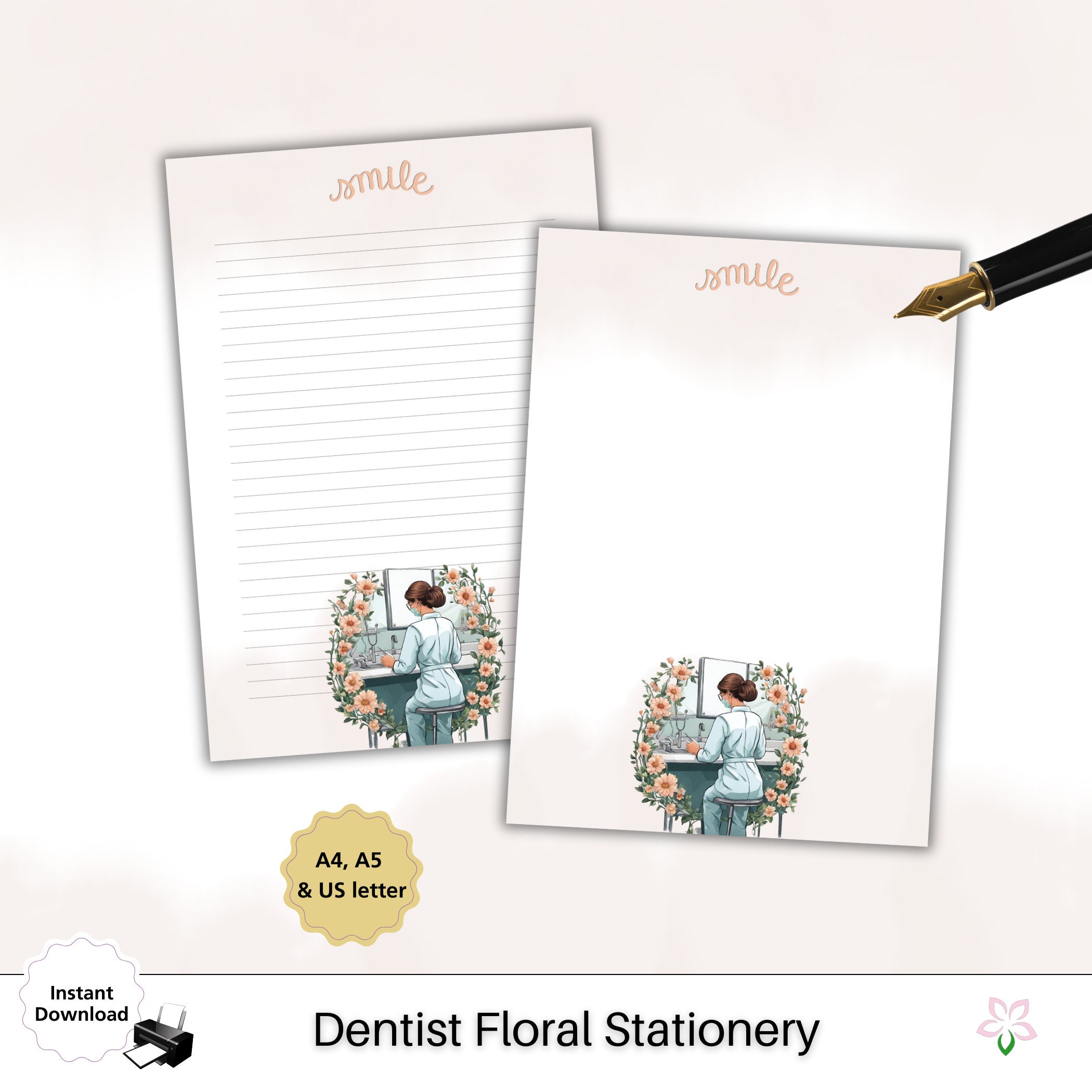 Dentist-themed Floral Letter Writing Paper | Lined Dental Stationery | Smile Design | Instant ...