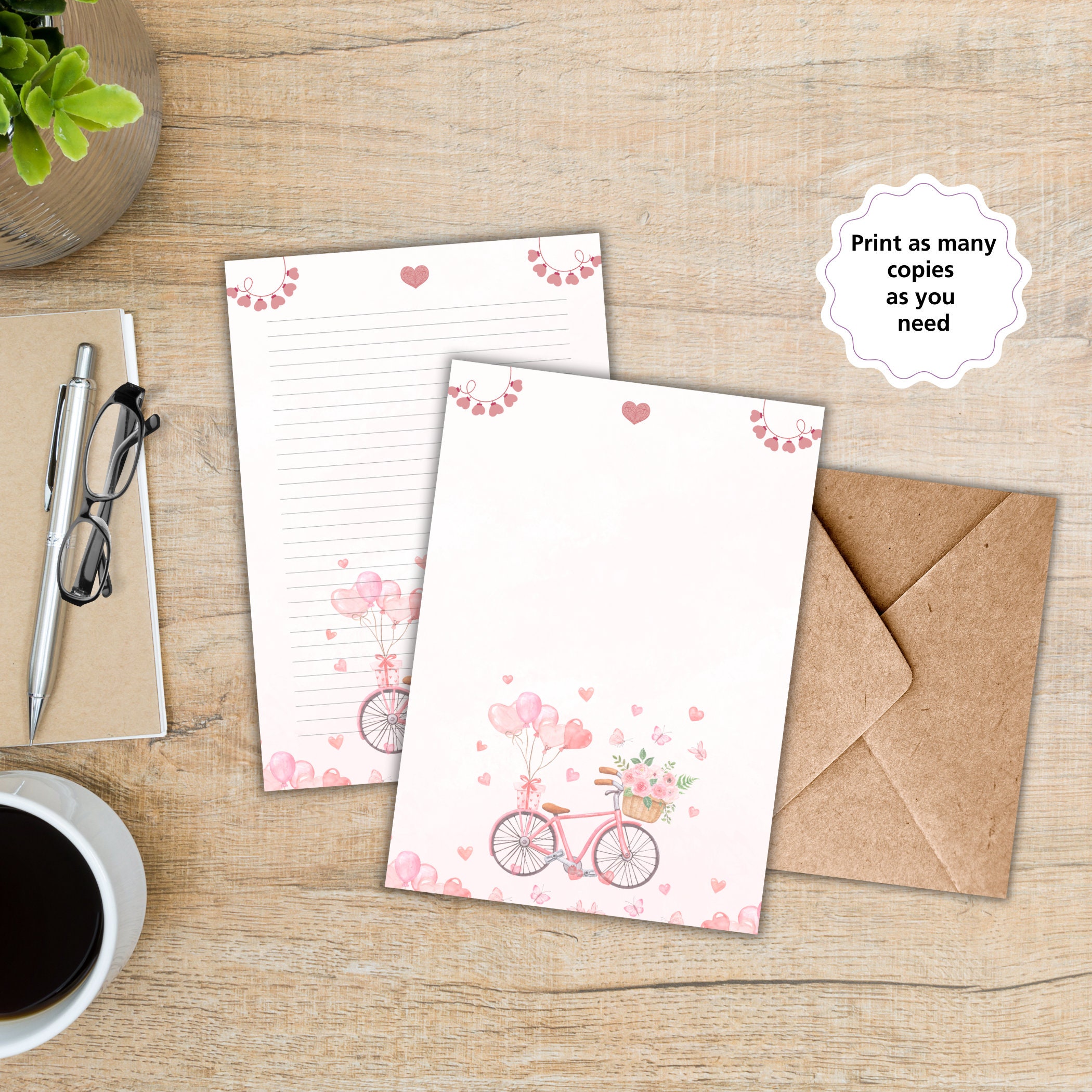 Happy Birthday Bike Letter Writing Paper Set Pink Floral Stationery ...