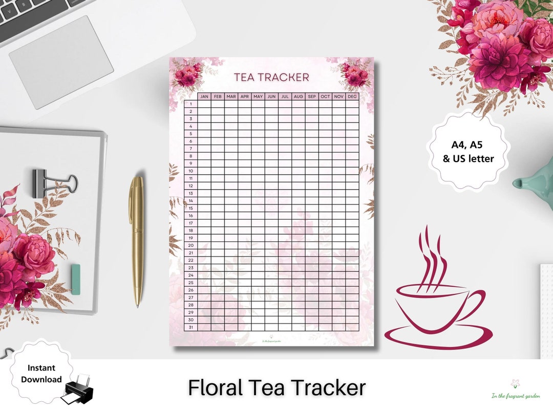 Tea Tracker Printable Daily Florai Caffeine Log Cup Symptoms Track ...