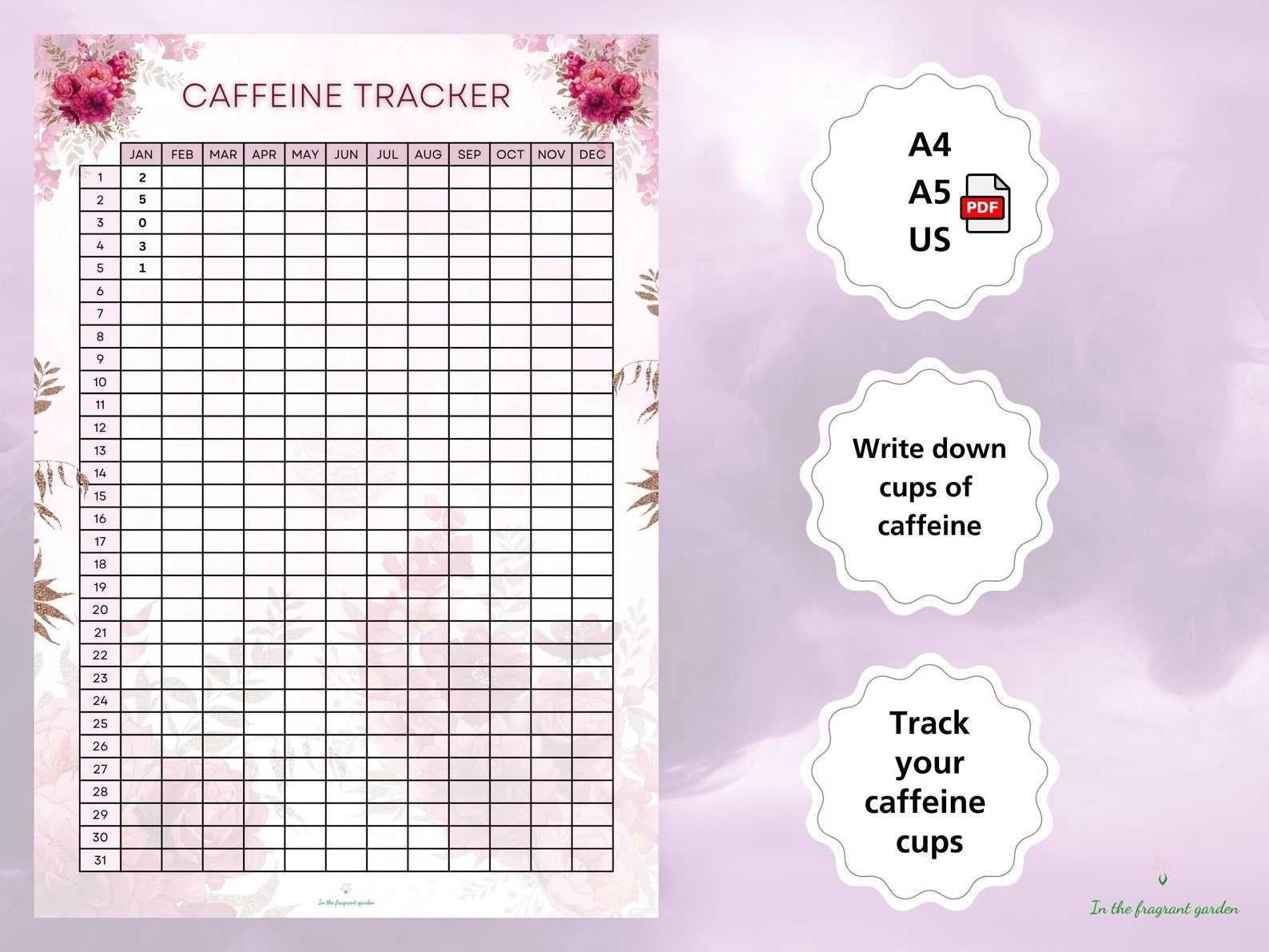 Caffeine Intake Log Coffee and Tea Tracker Printable Daily Florai Cup ...