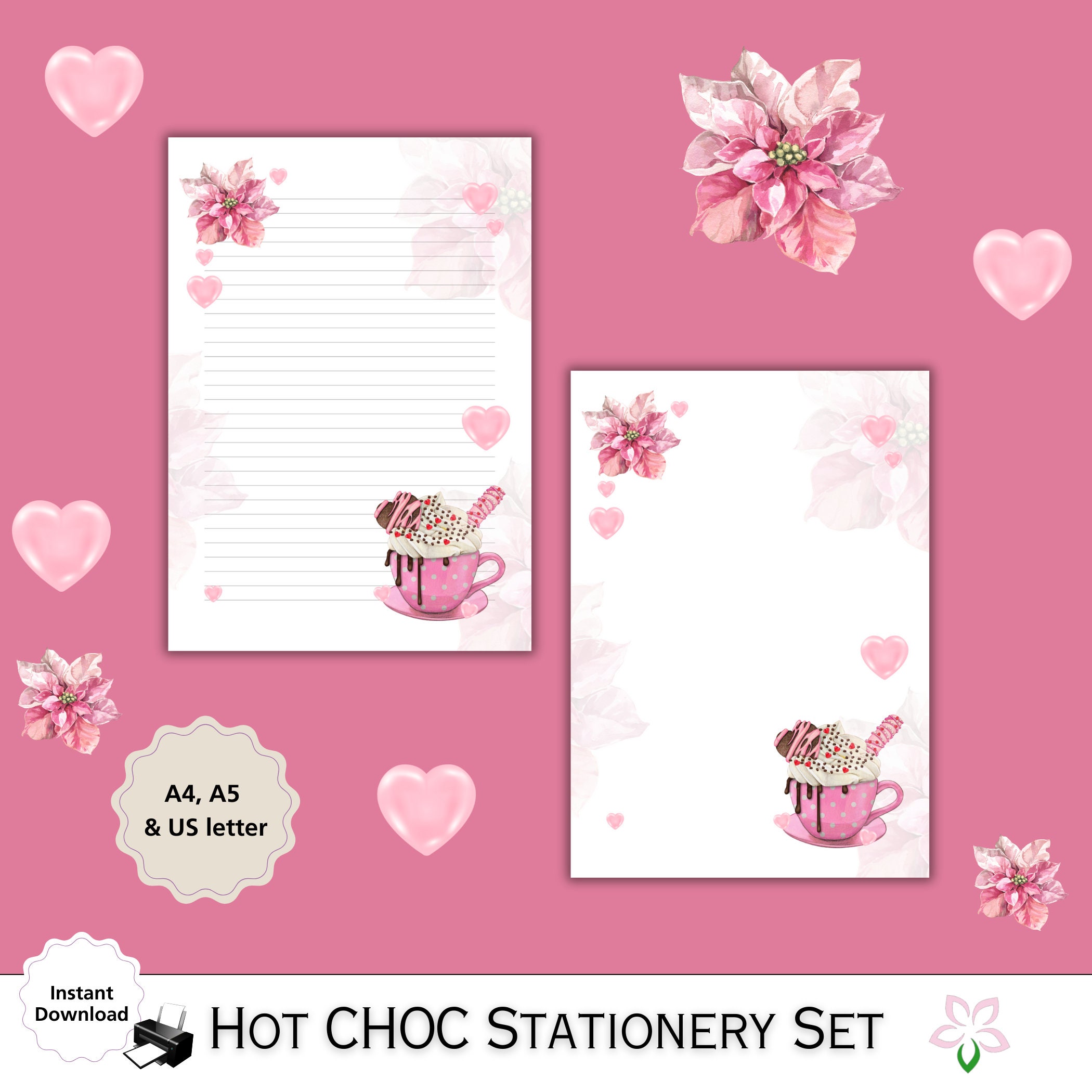 Hot Chocolate Stationery Letter Writing Paper Floral Lined Paper Pink ...