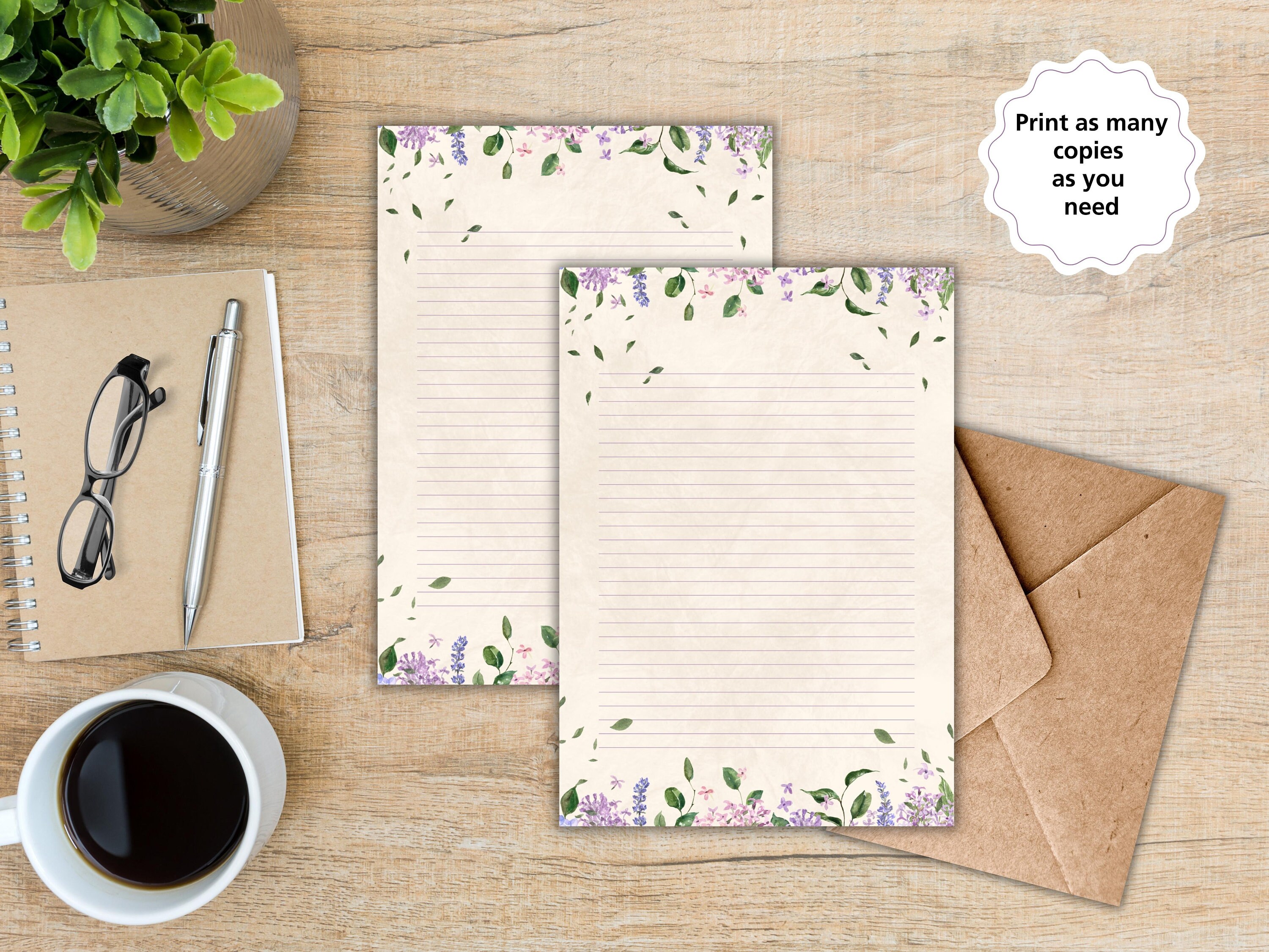 Floral Botanical Garden Printable Letter Office Stationery Lined Paper ...