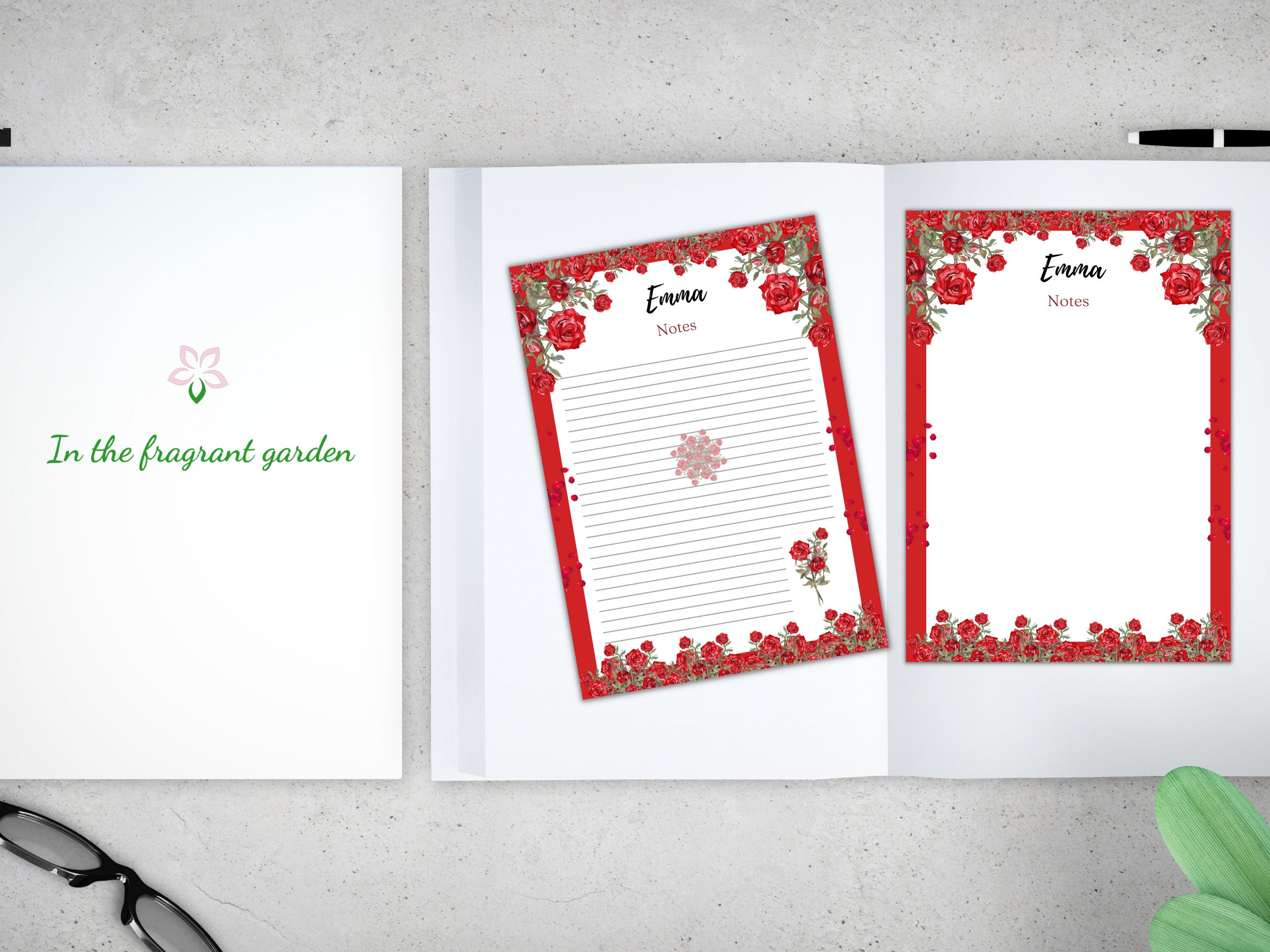 Red Roses Notes Page Printable Lined Snail Mail Pen Pals Note Taking ...