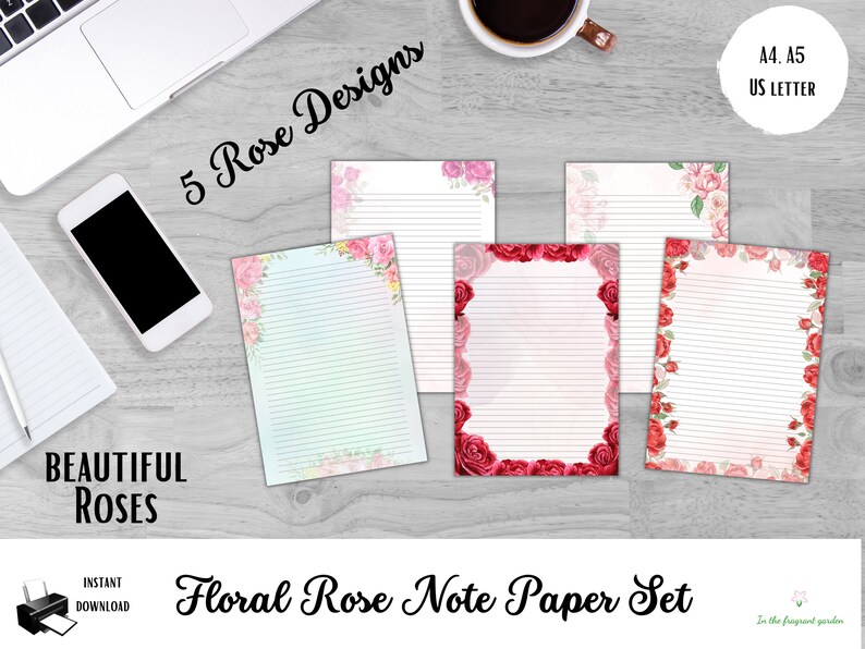 Printable Floral Stationery Letter Writing X5 Note Paper Lined Writing ...