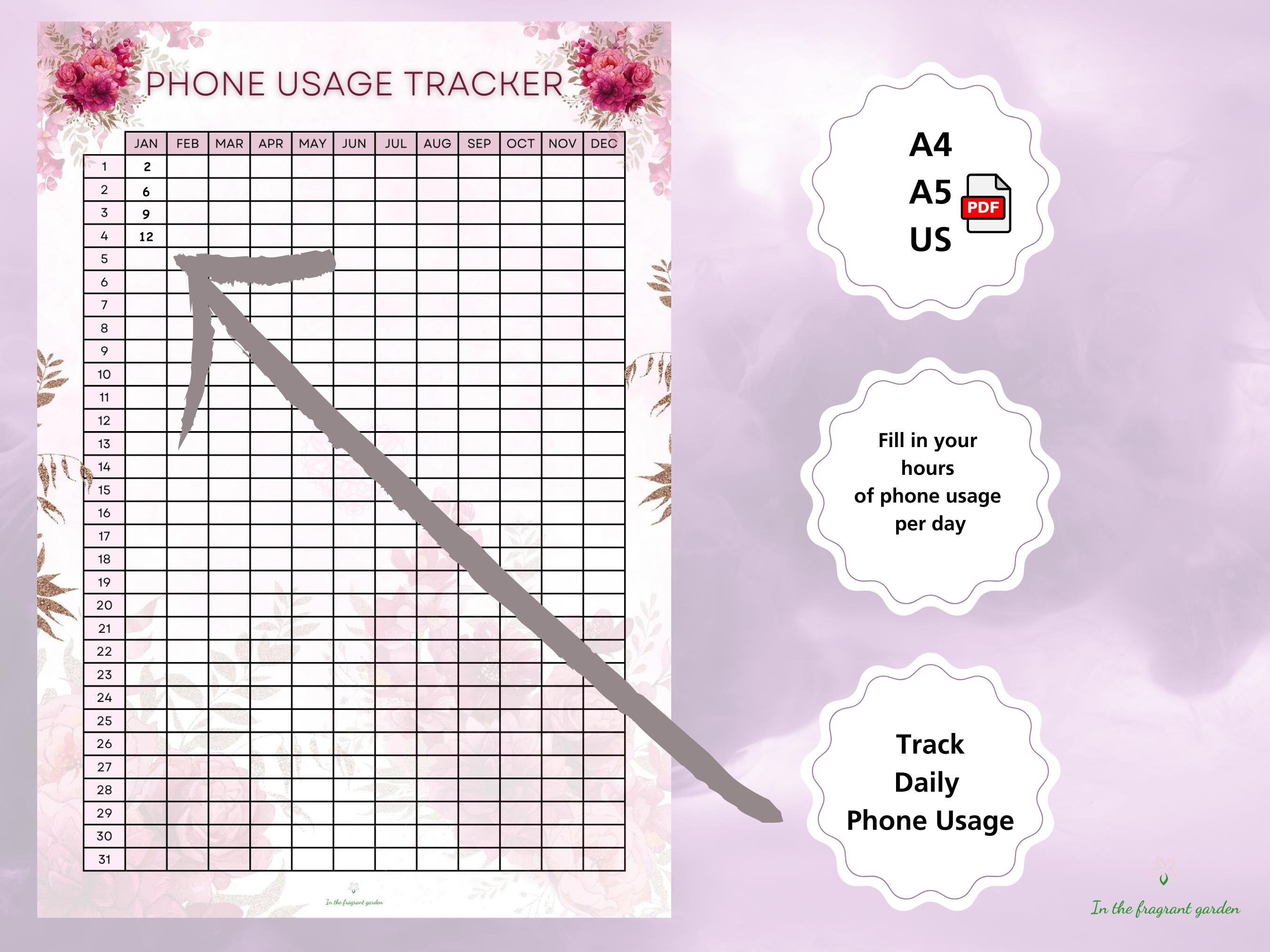 Printable Phone Usage Tracker PDF Floral Daily Log Sheet Insert Digital ...
