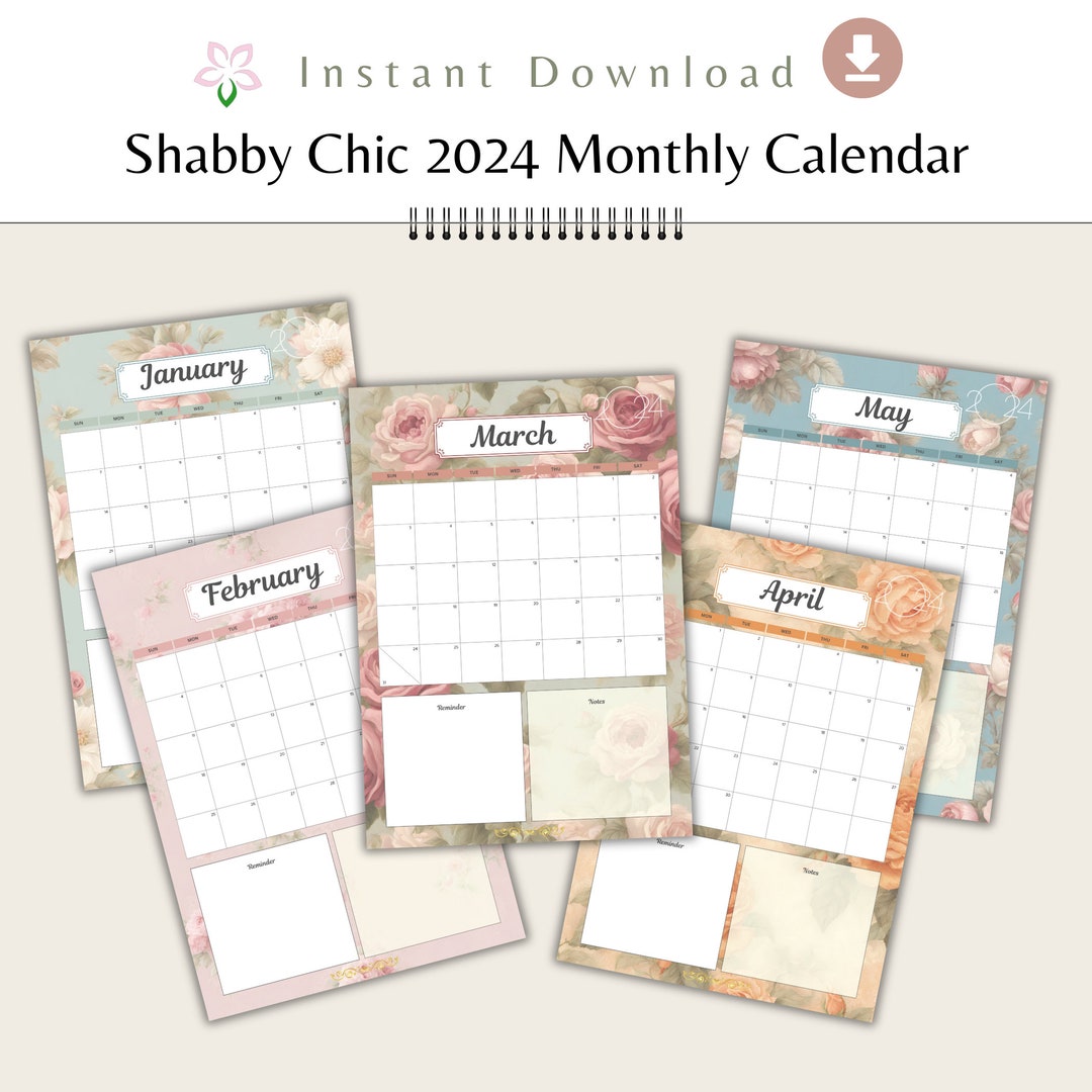 2024 Shabby Chic Wall Calendar Year Monthly Layout Printable Floral ...