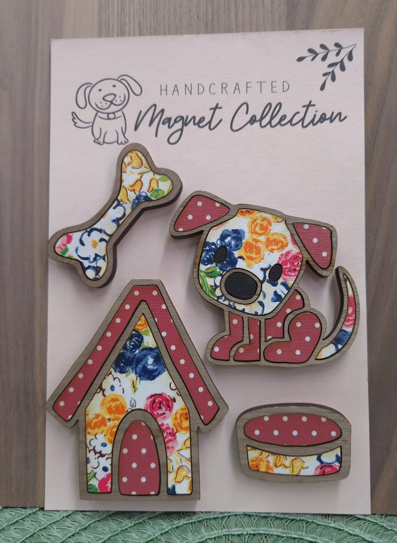 Handmade Wooden Dog Magnet Set: Floral Puppy, Bone, House - Etsy