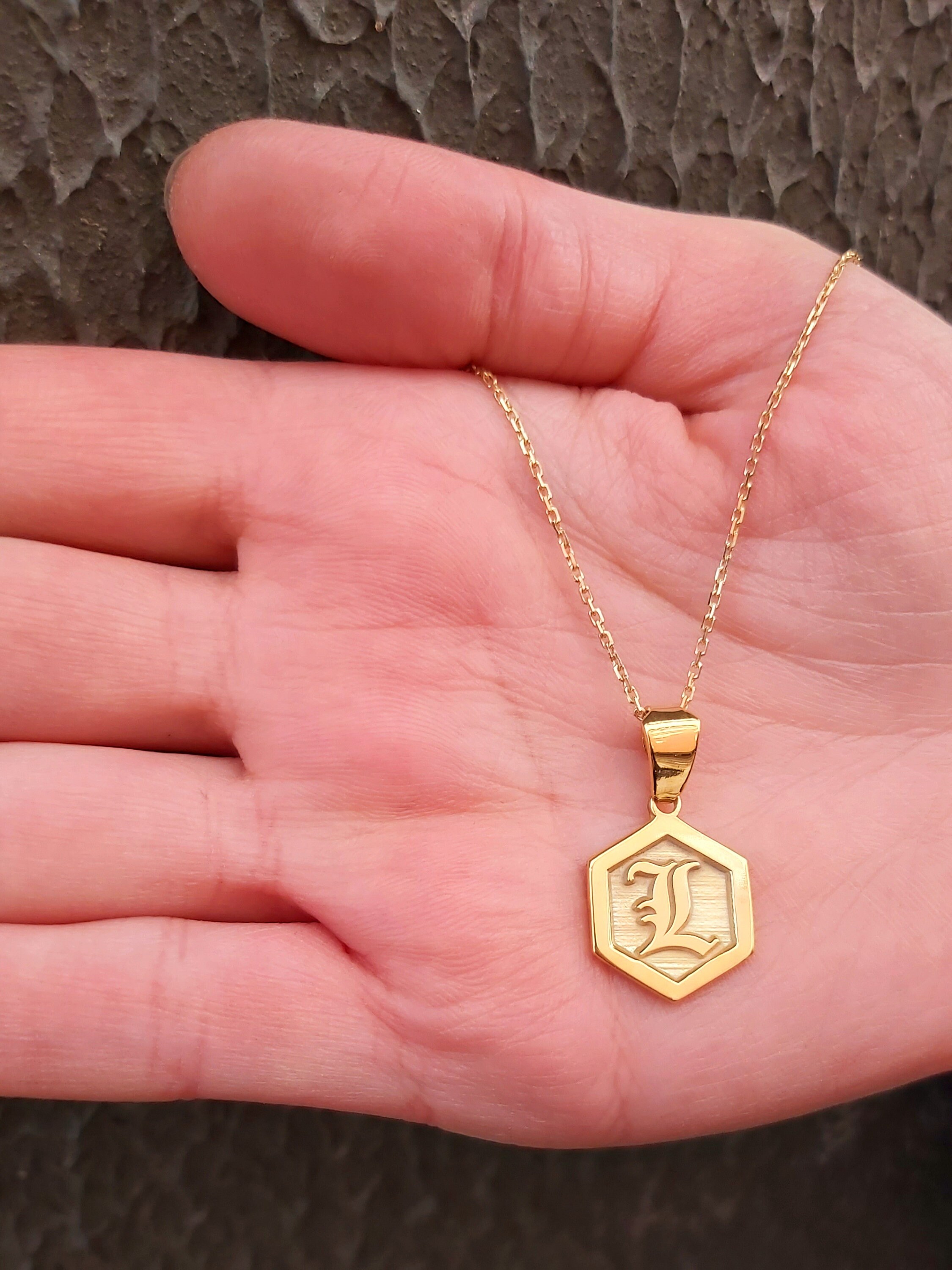 14k solid gold initial old english necklaceold english | Etsy