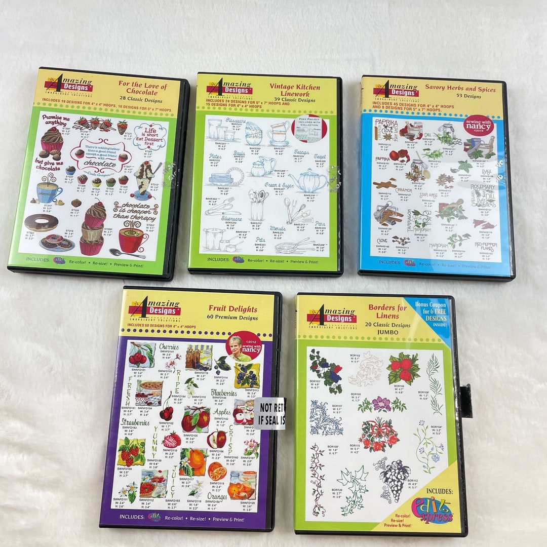 Lot of 5 Amazing Designs Embroidery Solutions Pattern Cds Kitchen Fruit Chocolate - Etsy