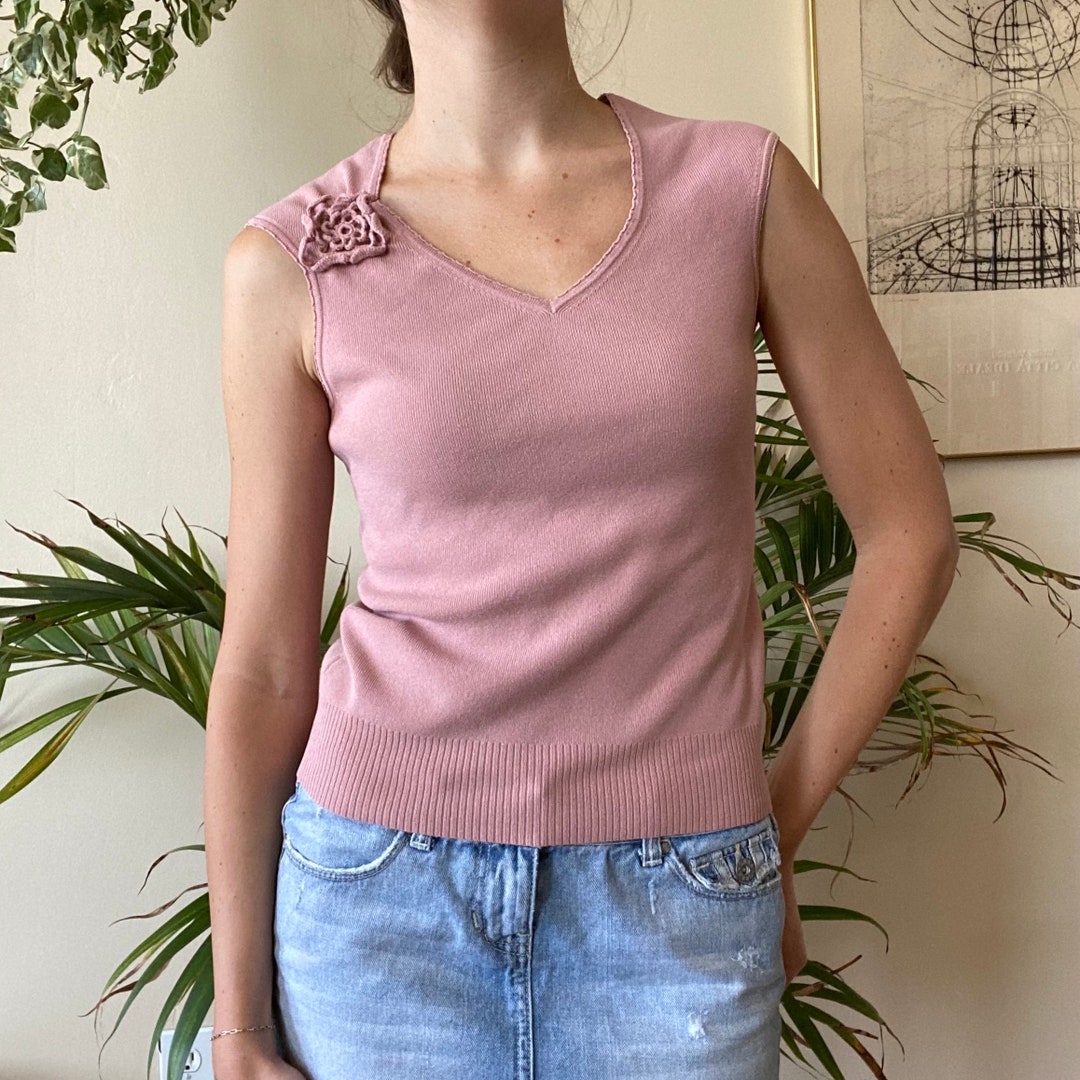 Vintage Dusty Pink Knit Tank With Rose Flower Detail / Y2k 90s ...