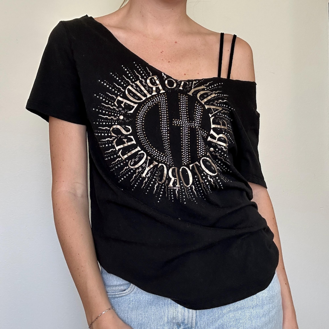 Harley Davidson off the Shoulder Graphic Tee With Sparkles / Boho Chic ...