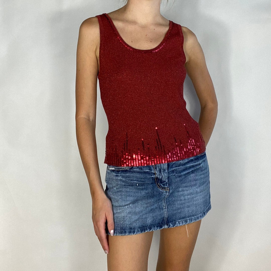 Vintage Red Sequin Glitter Retro Light Knit Tank Top Blouse / Y2k 90s ...