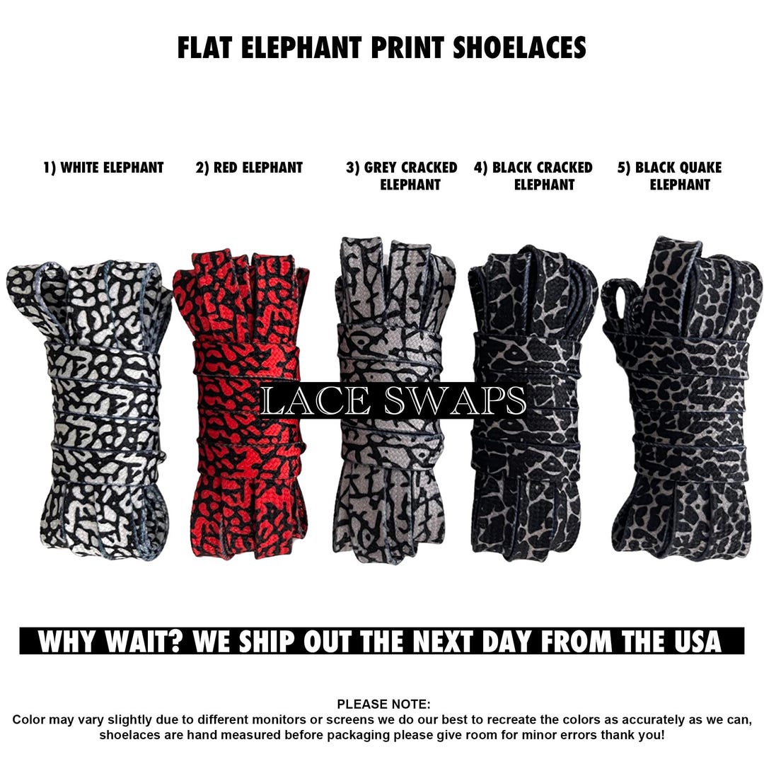 Flat ELEPHANT PRINT STYLE Replacement Shoelaces 5 Colors to Choose From ...
