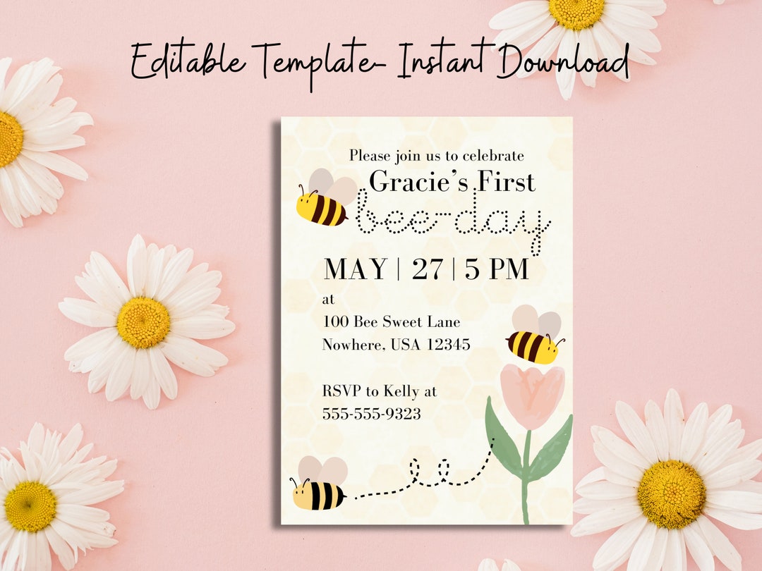 First Bee-day Digital Invitation, 1st Bee Day Party Invite, Digital ...