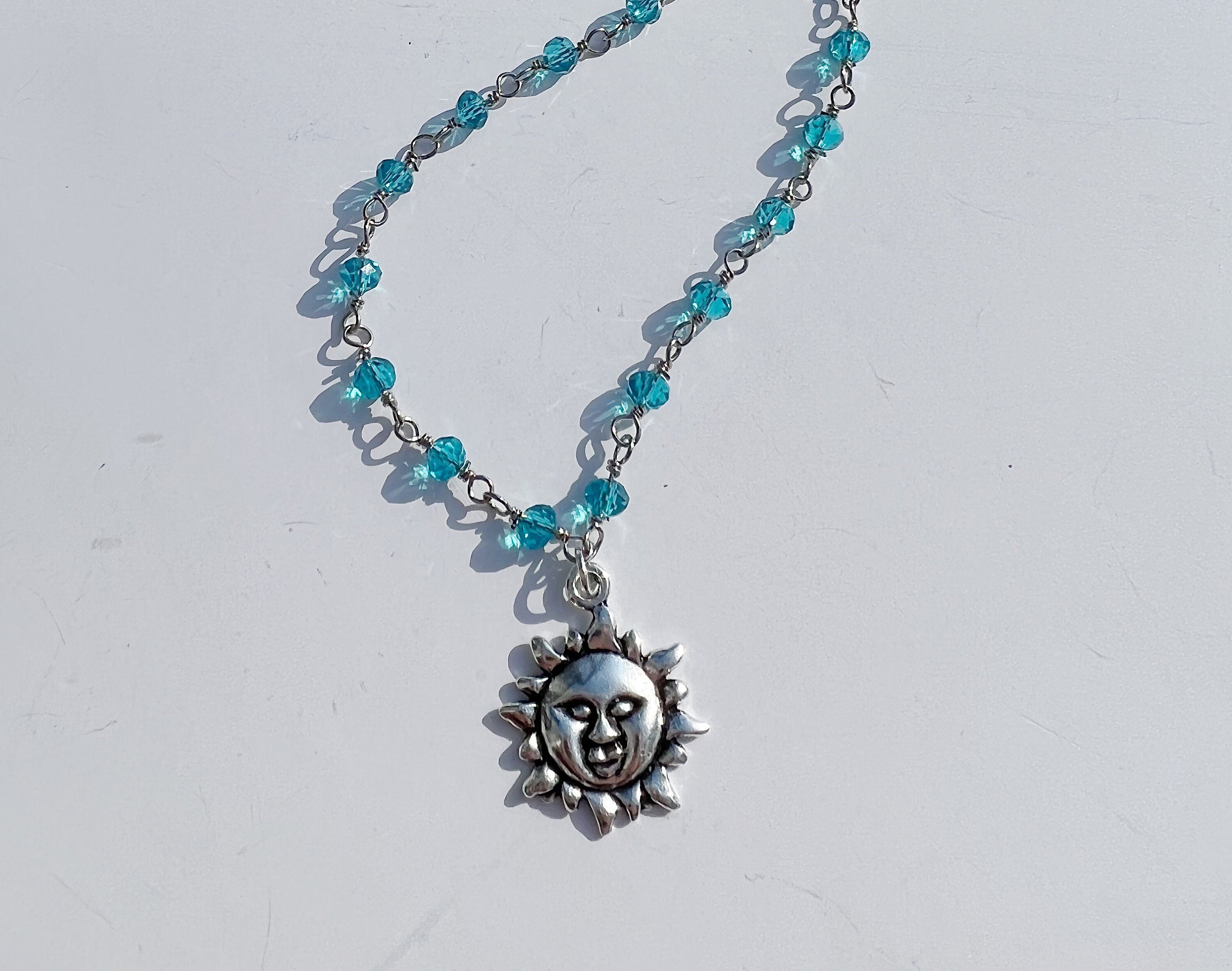 Aqua Beaded Wire Wrapped Choker With Sun Charm Sun Necklace - Etsy