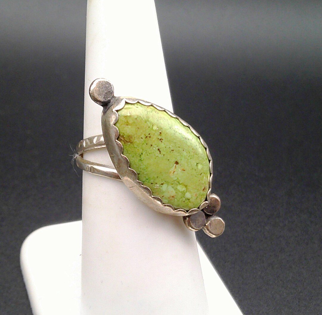 Gaspeite Ring, Sterling Silver, Lime Green, Yellow, Teardrop Shape ...