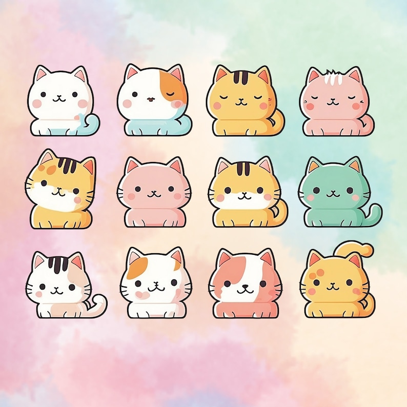 Cute Cats Clipart: Adorable Kawaii PNG Illustrations With Cute - Etsy