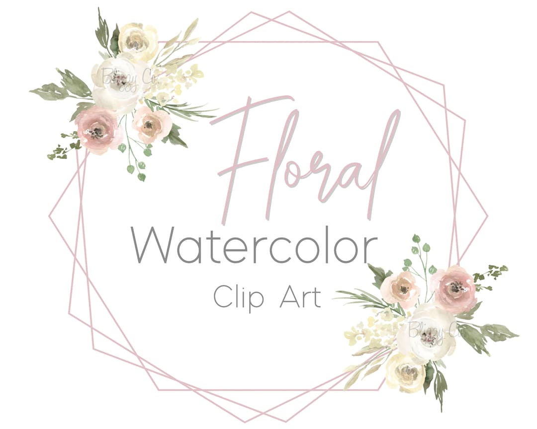 Watercolor Floral Clipart – Pink Rose, Geometric Frame (PNG Digital ...